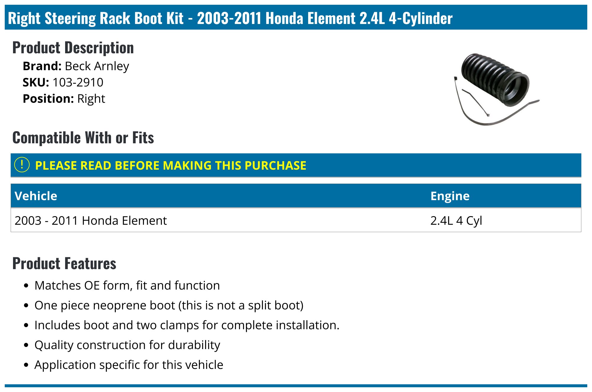 2003-2011 Honda Element Steering Rack Boot Kit - Beck Arnley 103-2910 ...