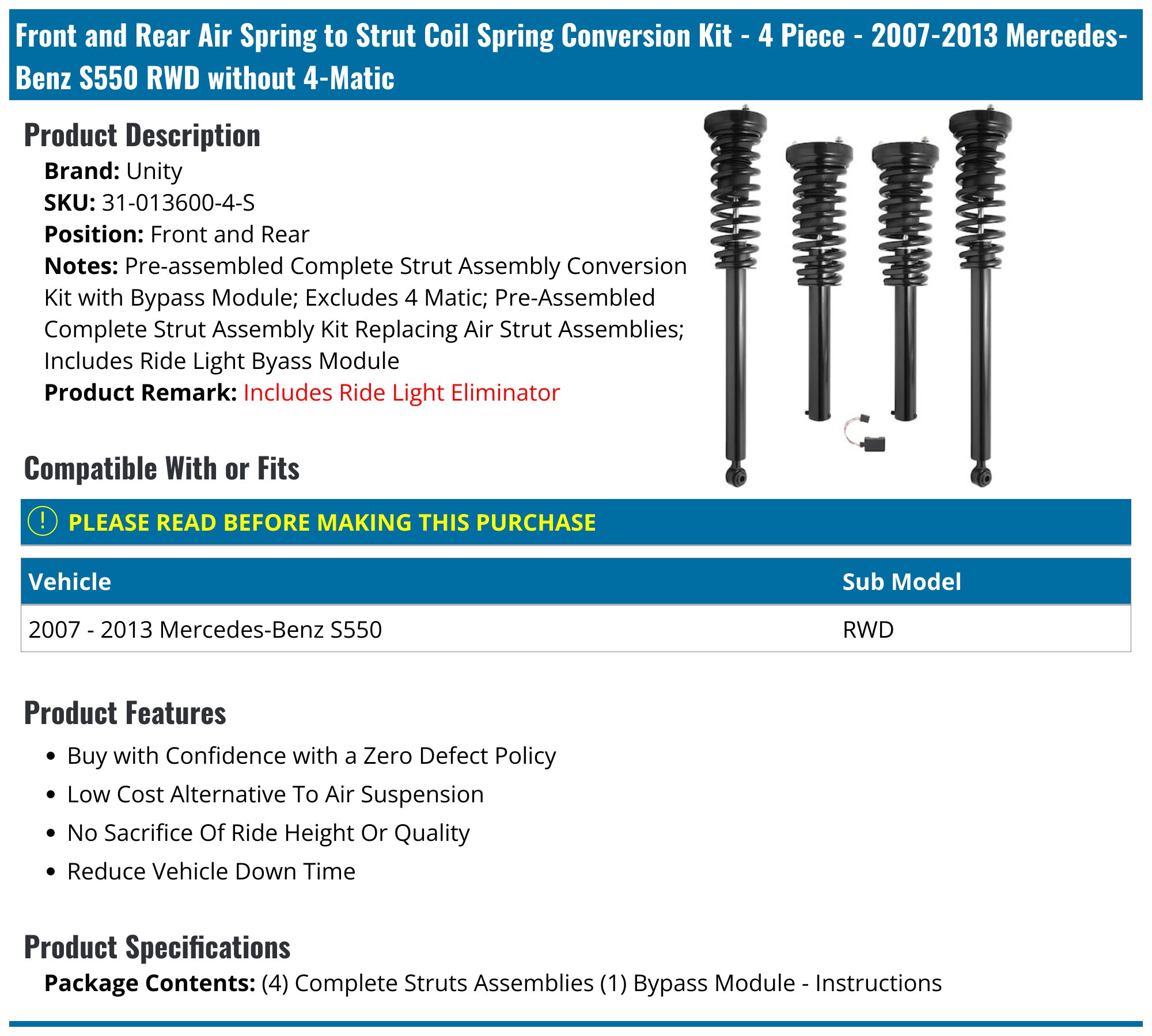 2007-2013 Mercedes S550 Air Spring to Coil Spring Conversion Kit ...