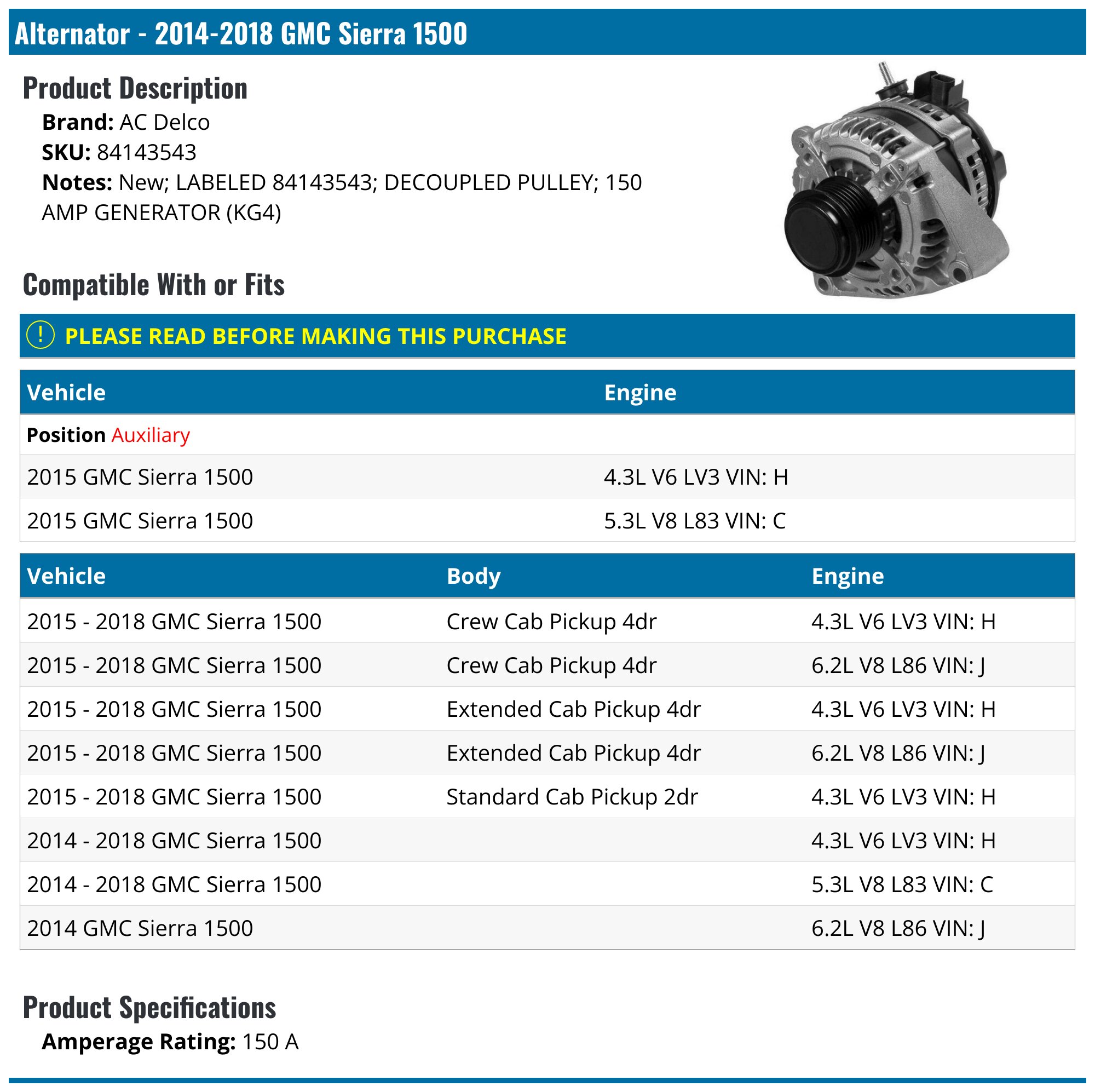 2014-2018 GMC Sierra 1500 Alternator - AC Delco 84143543 - PartsGeek.com