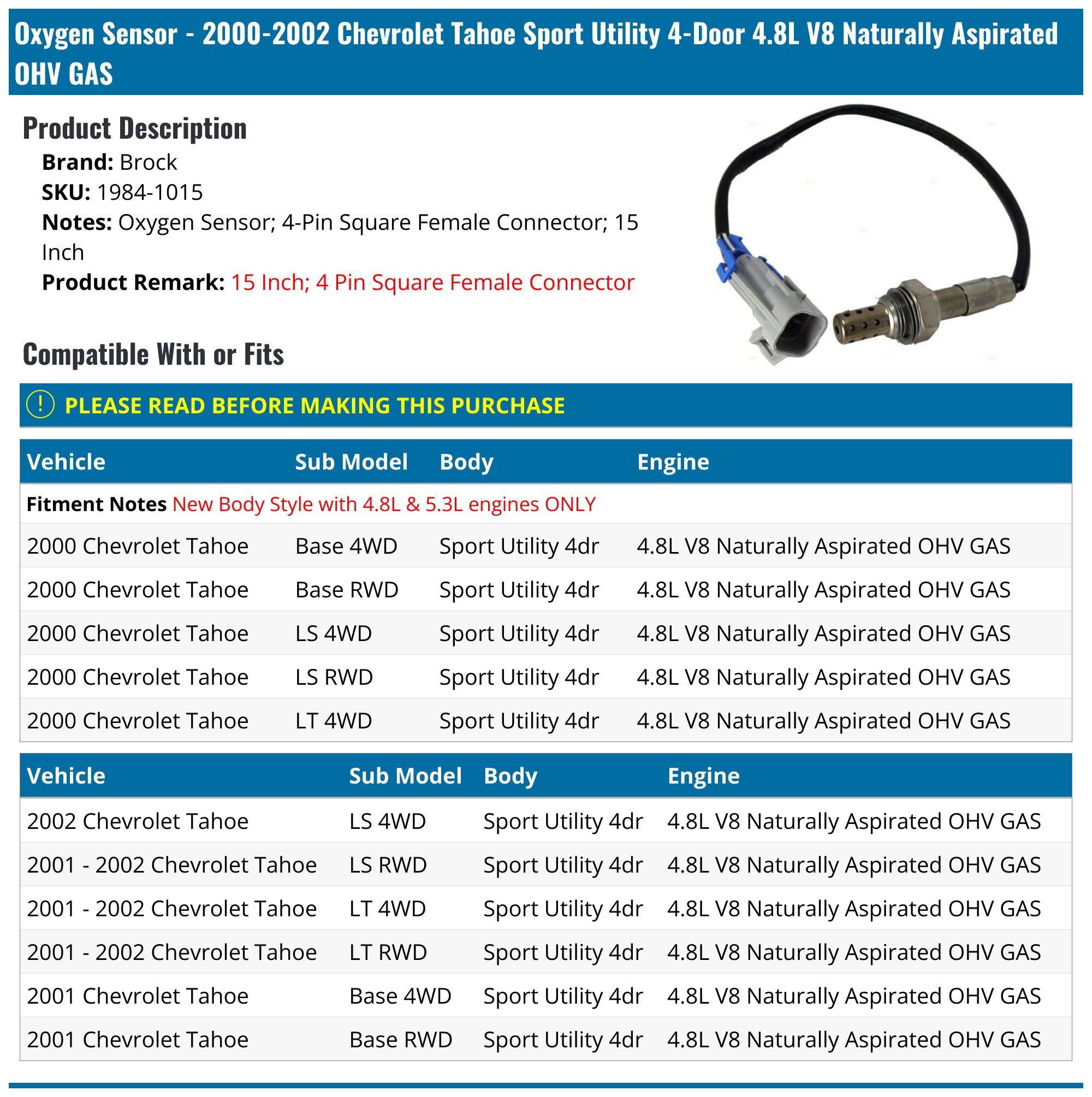 2000-2002 Chevrolet Tahoe Oxygen Sensor - Brock 1984-1015 - PartsGeek.com