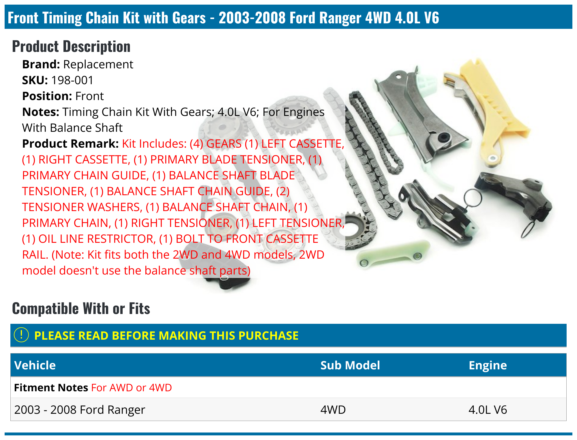 2003-2008 Ford Ranger Timing Chain - Replacement 198-001 - Front ...