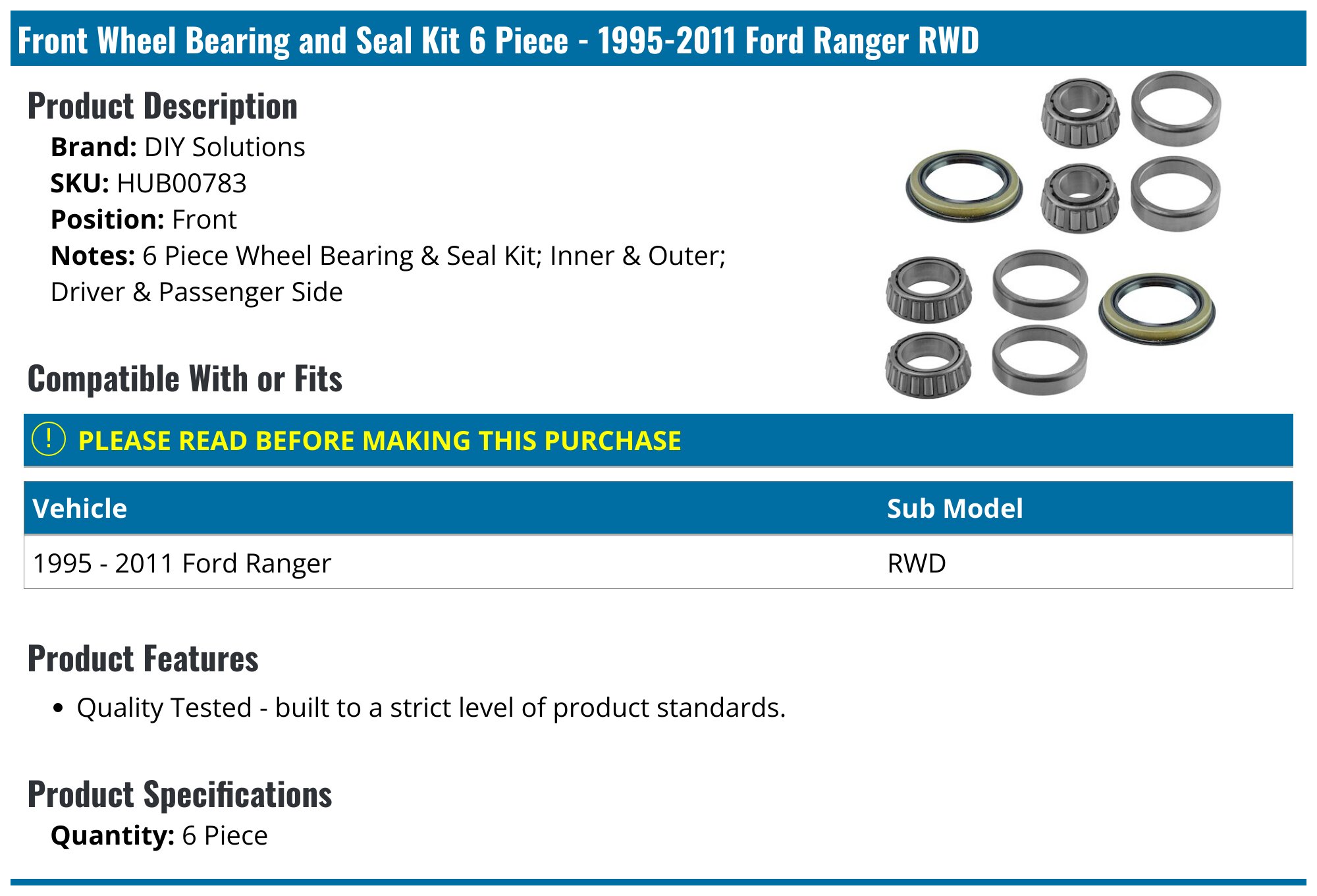 1995-2011 Ford Ranger Wheel Bearing - DIY Solutions HUB00783 - Front ...
