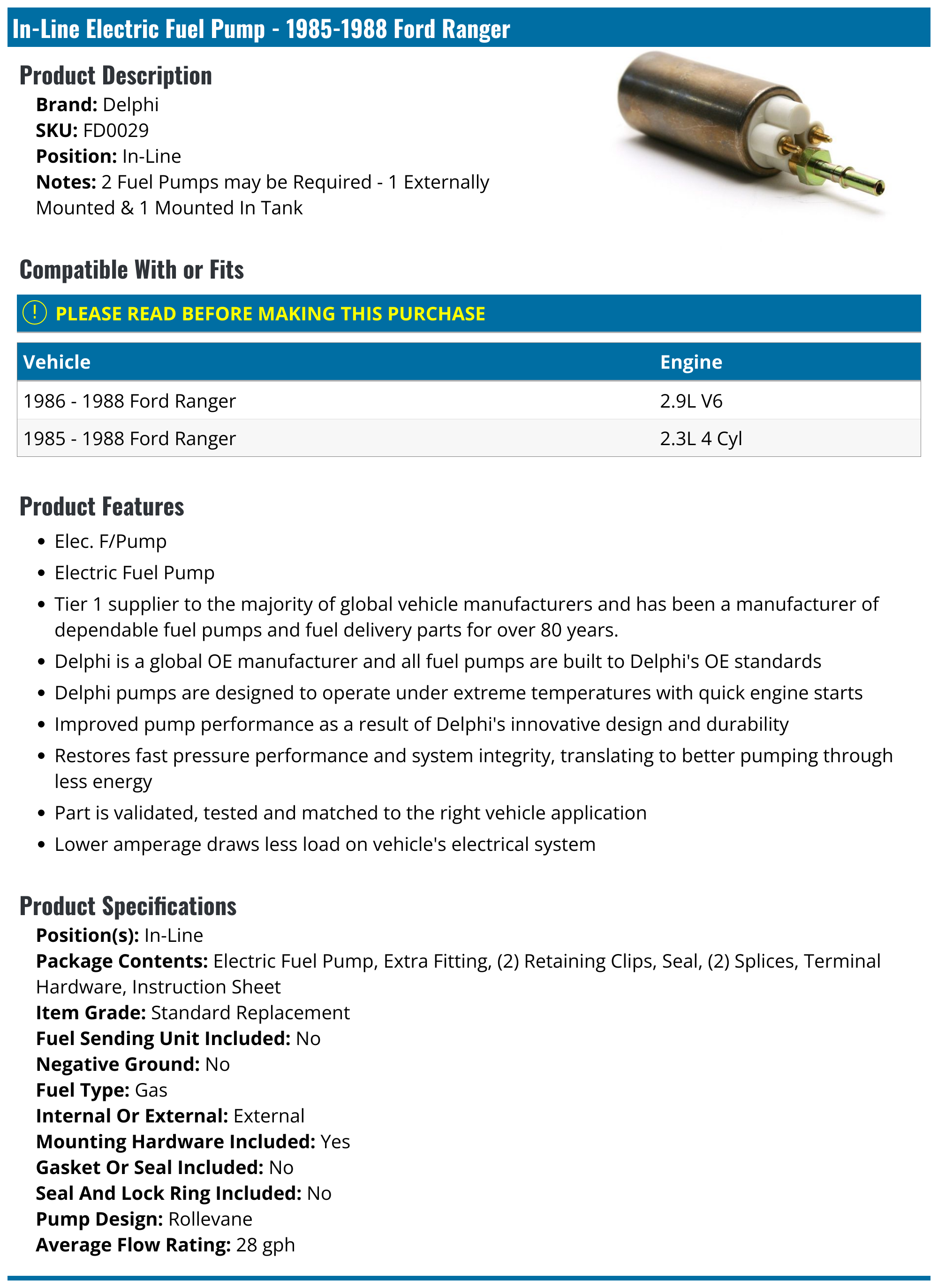 1985-1988 Ford Ranger Fuel Pump - Delphi FD0029 - In-Line - PartsGeek.com