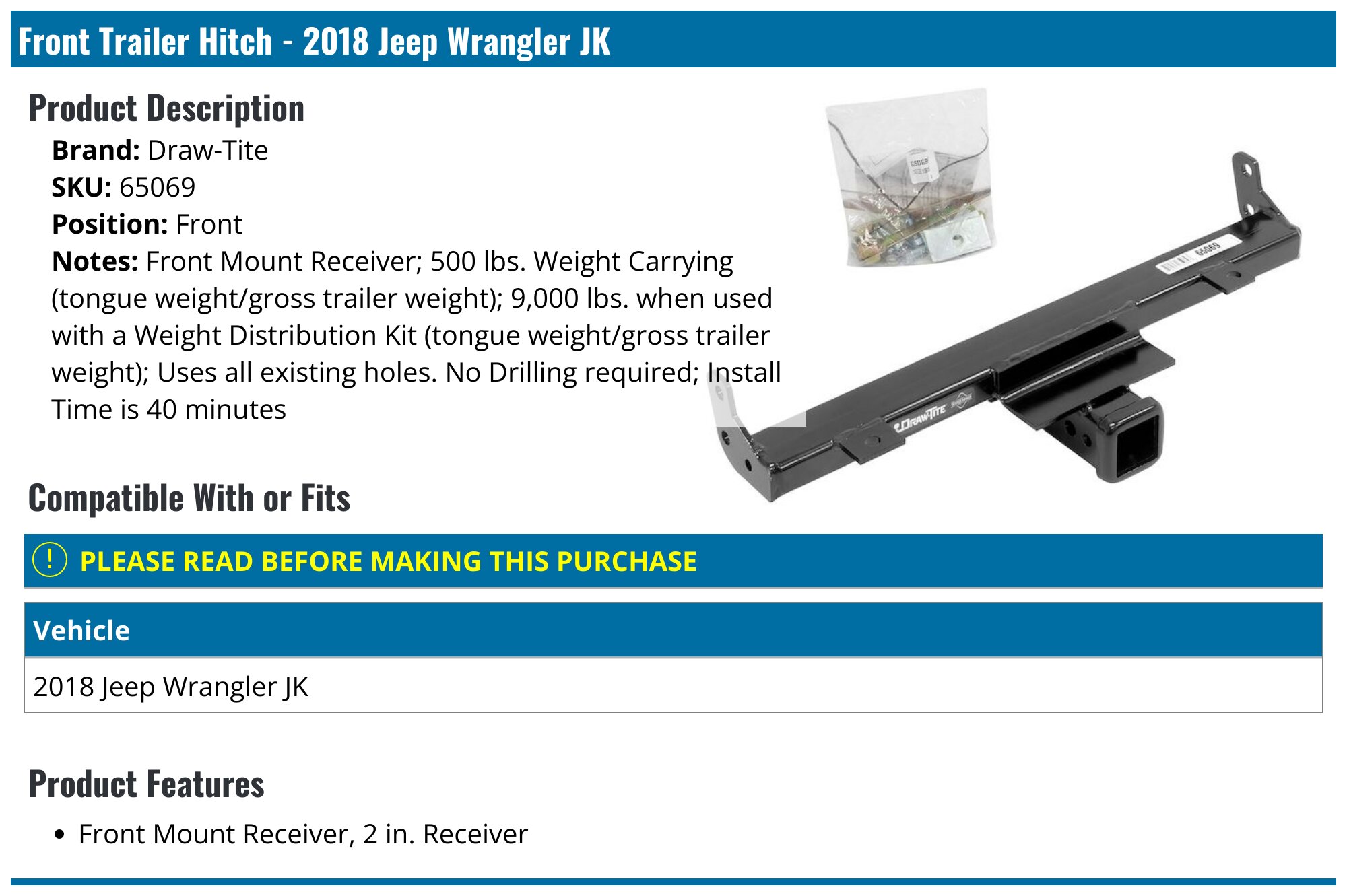 2018 Jeep Wrangler JK Trailer Hitch - Draw-Tite 65069 - Front ...