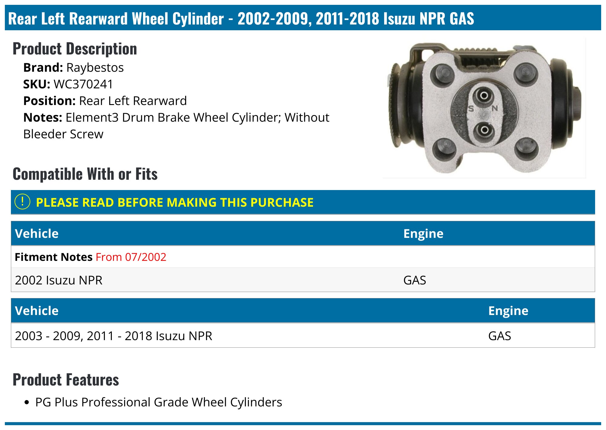 2002-2018 Isuzu NPR Wheel Cylinder - Raybestos WC370241 - Rear Left ...