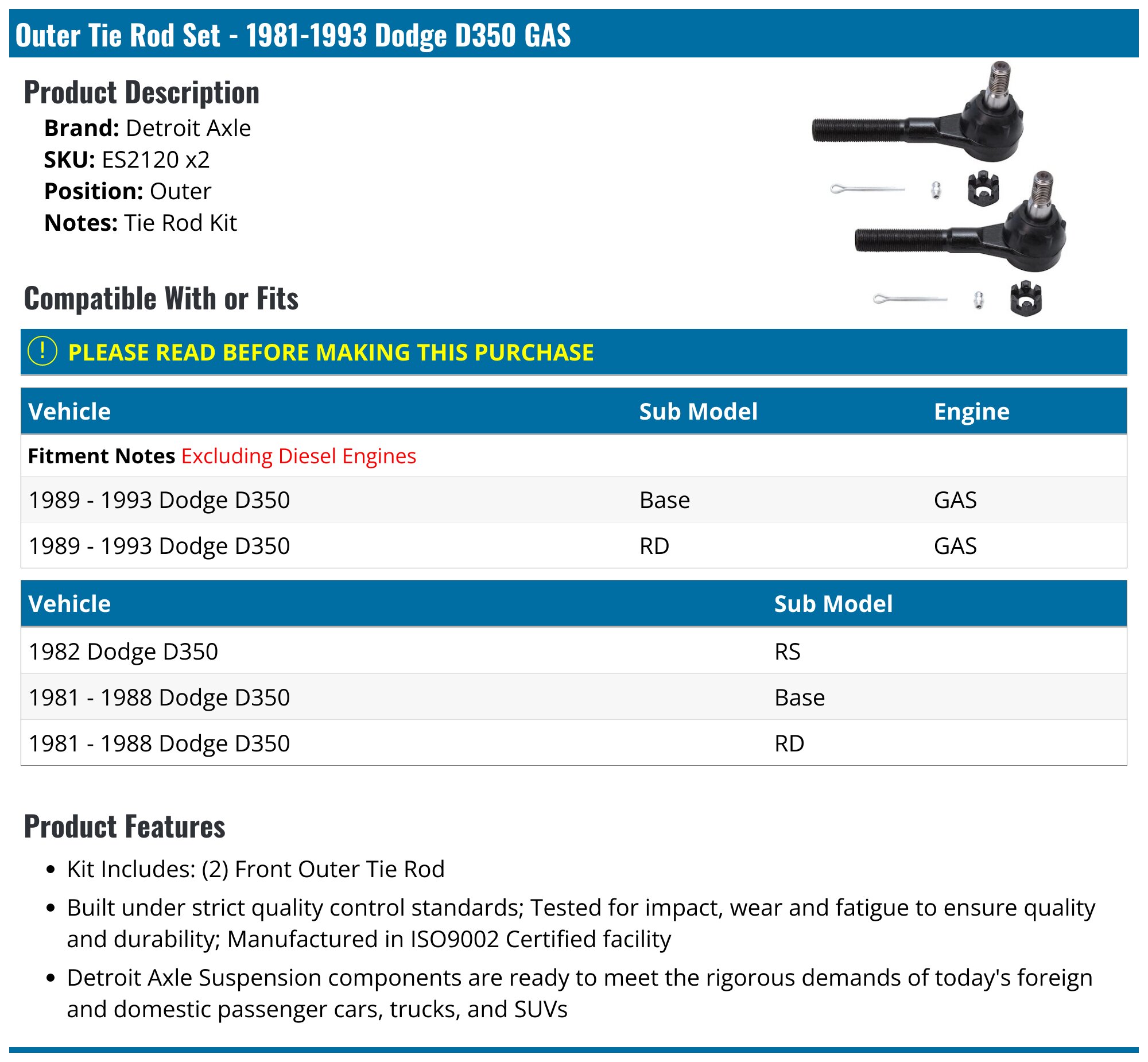 1981-1993 Dodge D350 Tie Rod - Detroit Axle ES2120 x2 - Outer ...