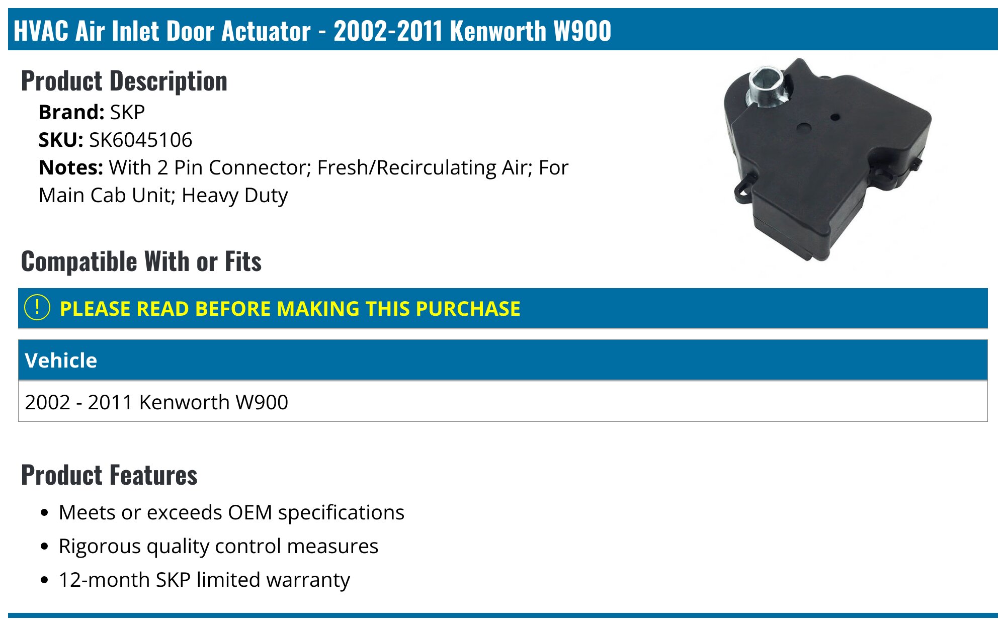 2002-2011 Kenworth W900 Air Flap Actuator - SKP SK6045106 - - PartsGeek.com