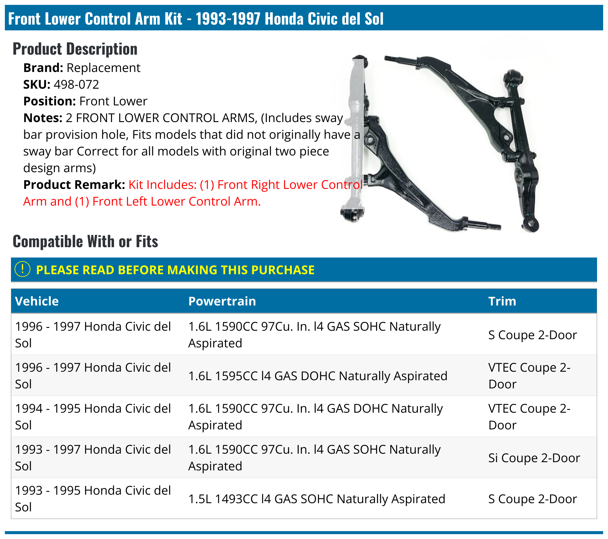 1993-1997 Honda Civic del Sol Control Arm - Replacement 498-072 - Front ...