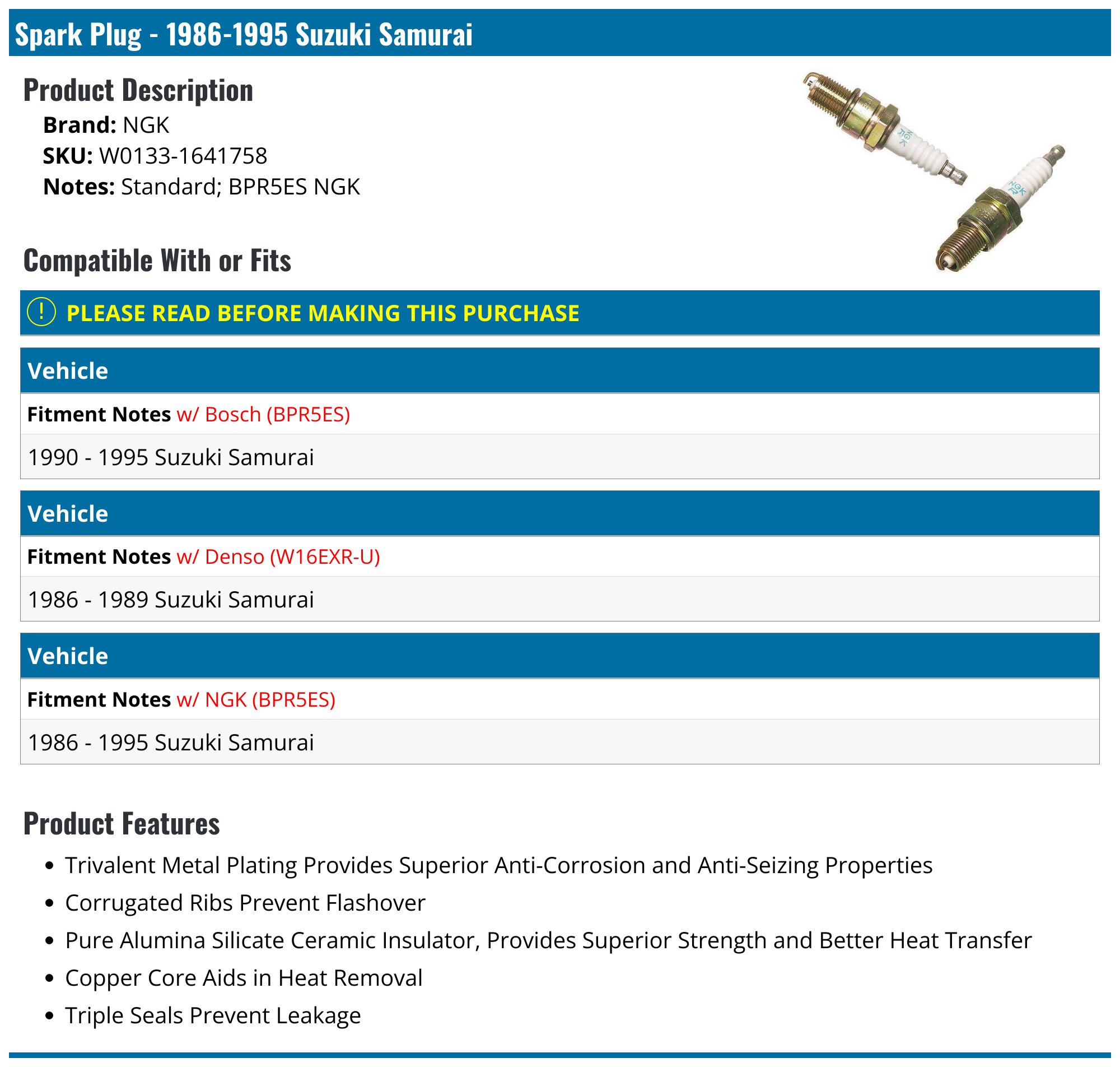 1986-1995 Suzuki Samurai Spark Plug - NGK W0133-1641758 - PartsGeek.com