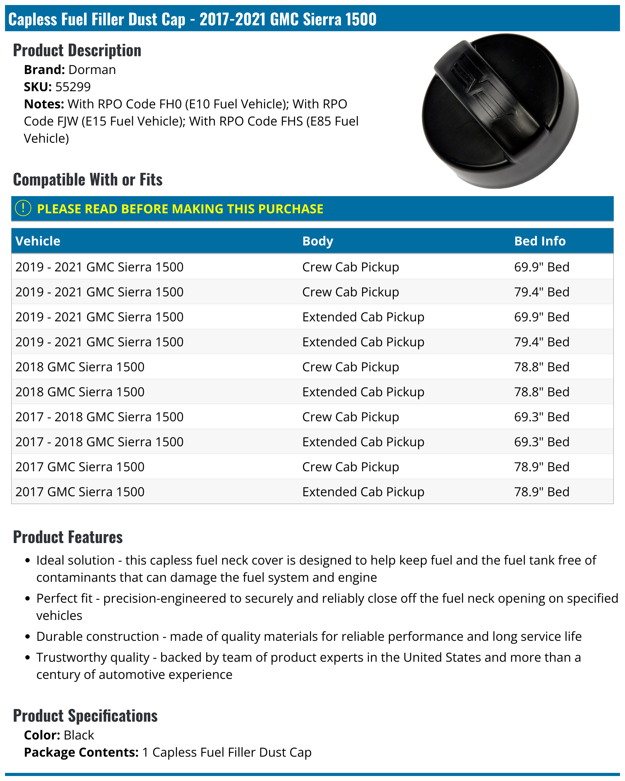 2017-2021 GMC Sierra 1500 Capless Fuel Filler Dust Cap - Dorman 55299 ...