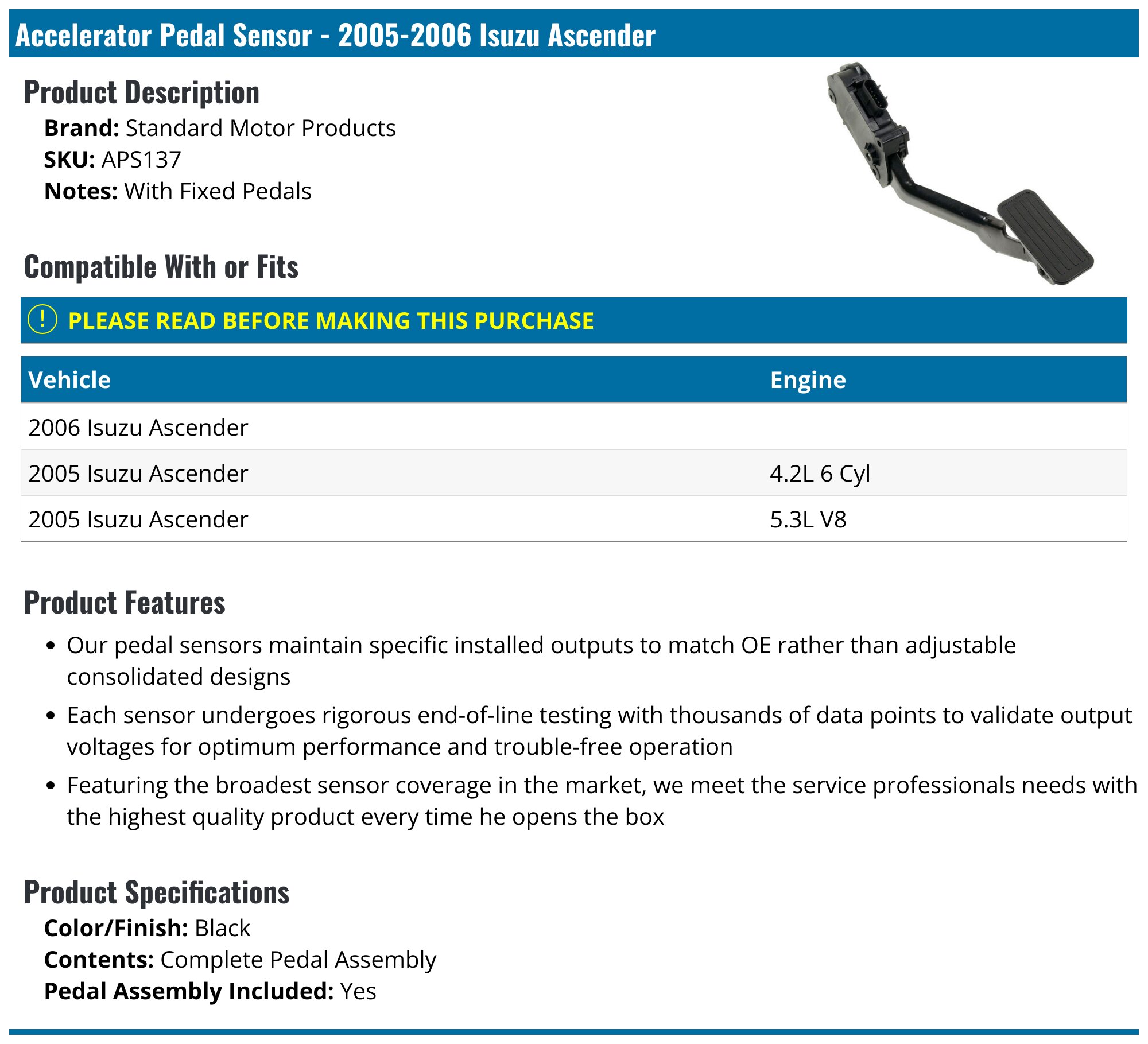 2005-2006 Isuzu Ascender Accelerator Pedal Sensor - Standard Motor ...