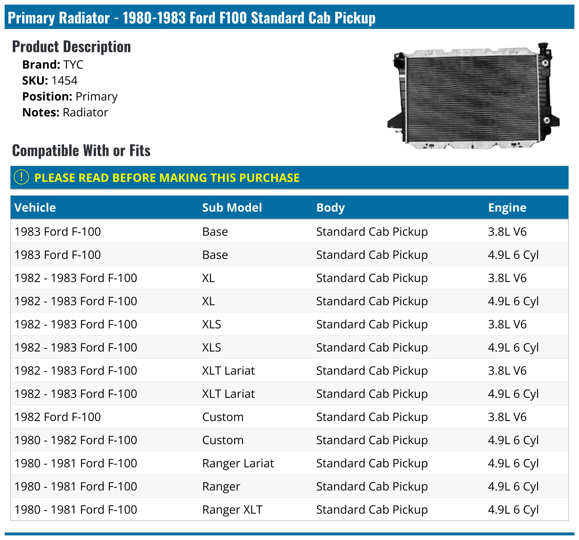1980-1983 Ford F100 Radiator - TYC 1454 - Primary - PartsGeek.com