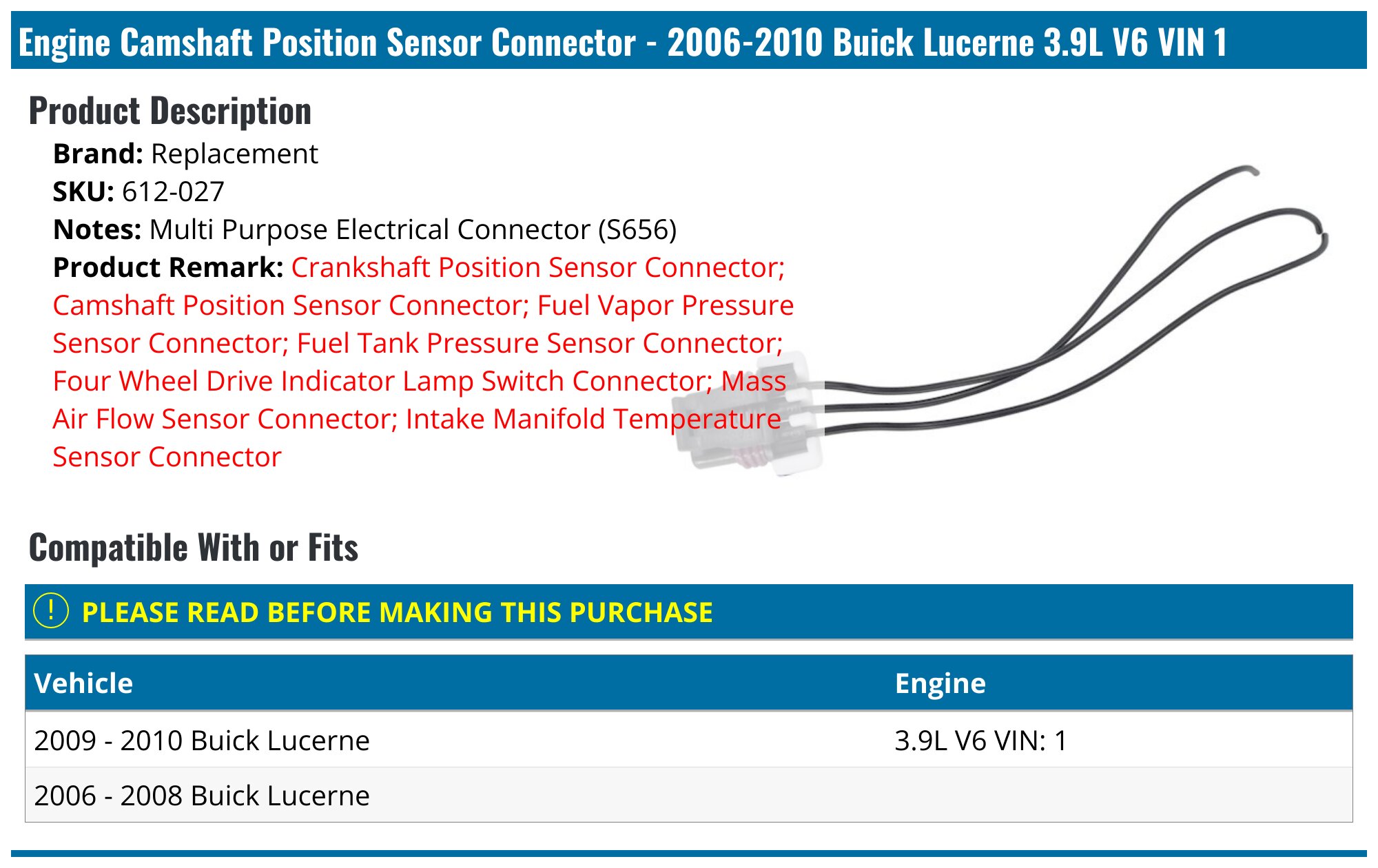 2006-2010 Buick Lucerne Engine Camshaft Position Sensor Connector ...
