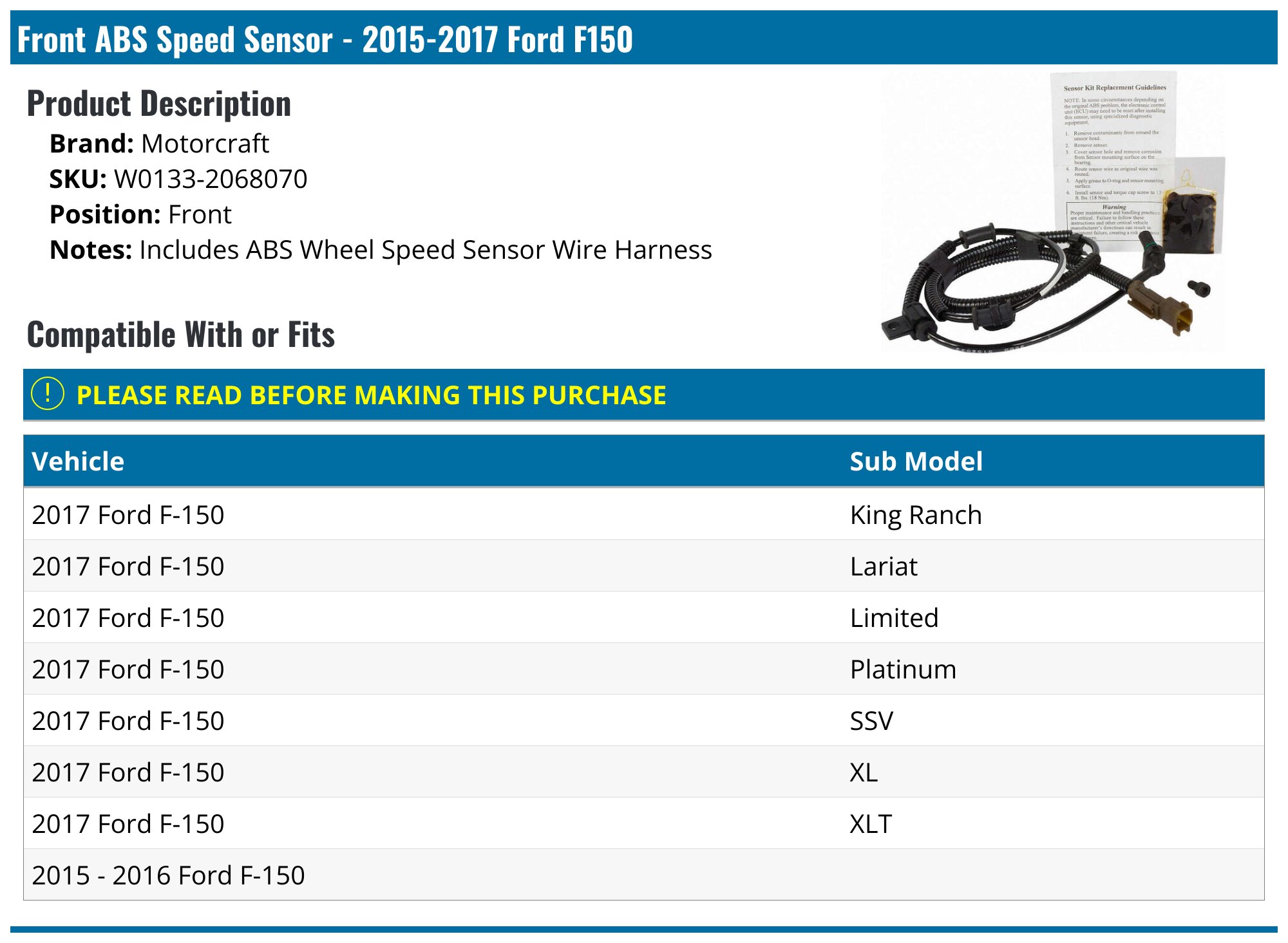 2015-2017 Ford F150 ABS Speed Sensor - Motorcraft W0133-2068070 - Front ...