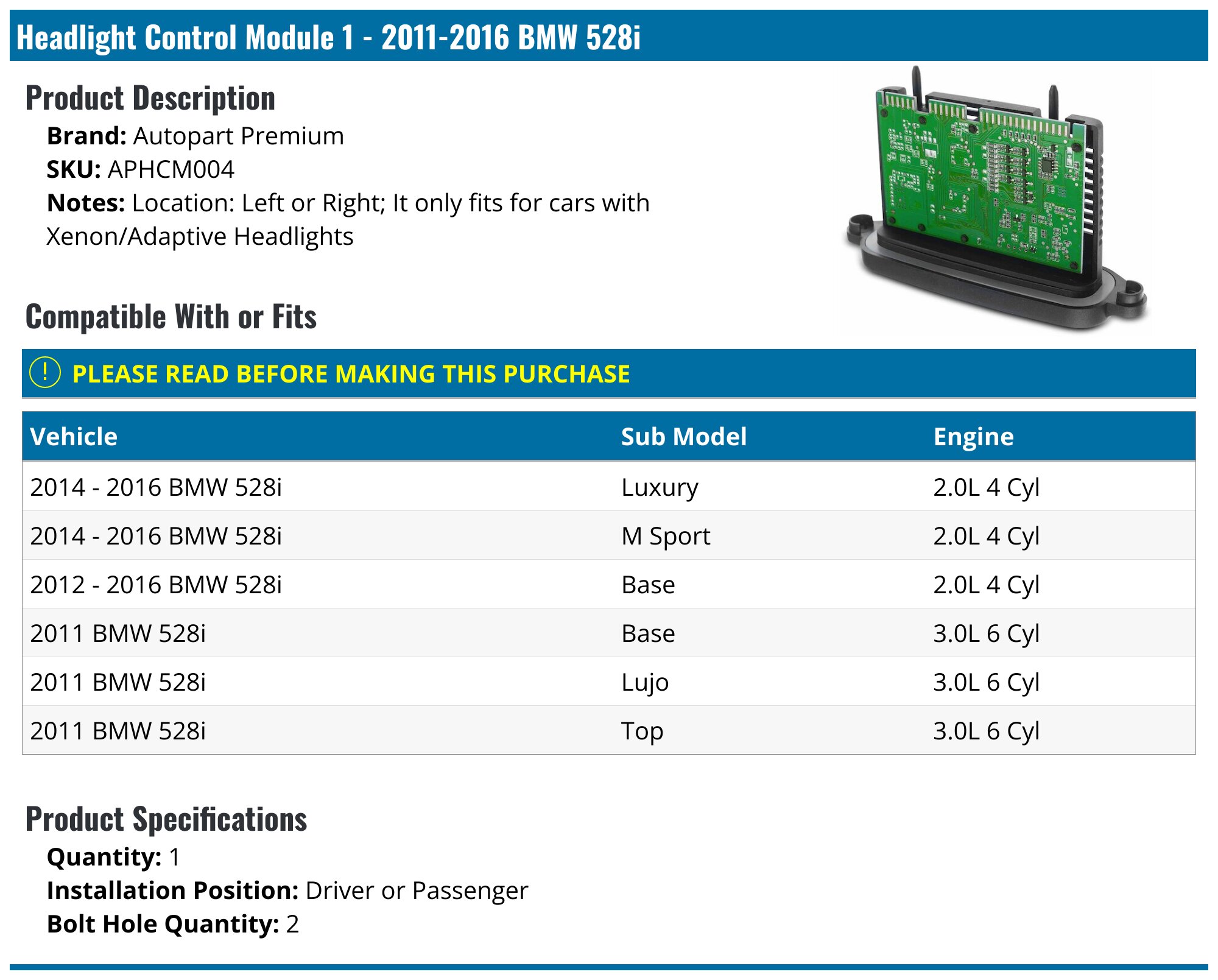 2011-2016 BMW 528i Headlight Control Module - Autopart Premium APHCM004 ...