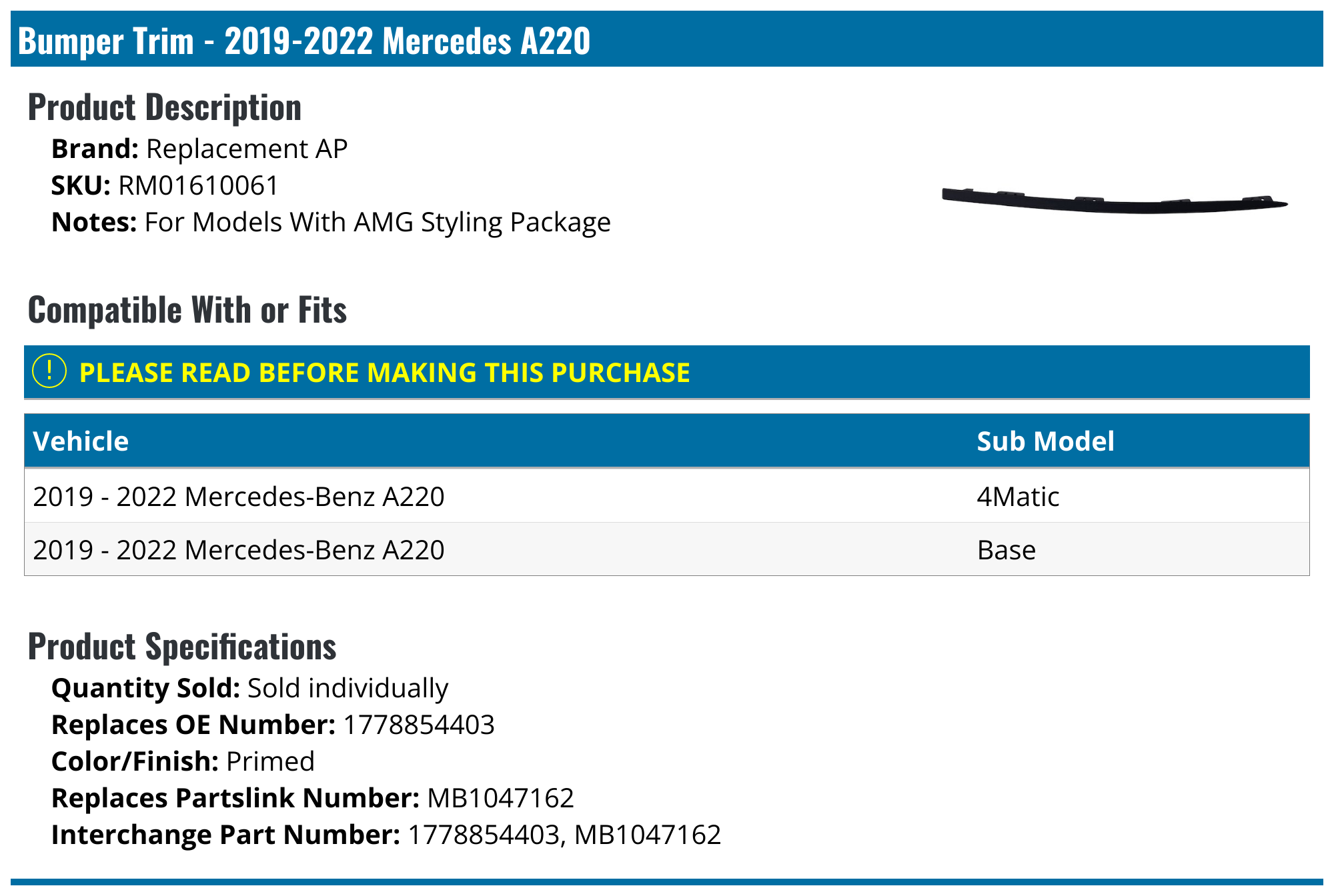 2019-2022 Mercedes A220 Bumper Trim - Replacement AP RM01610061 ...