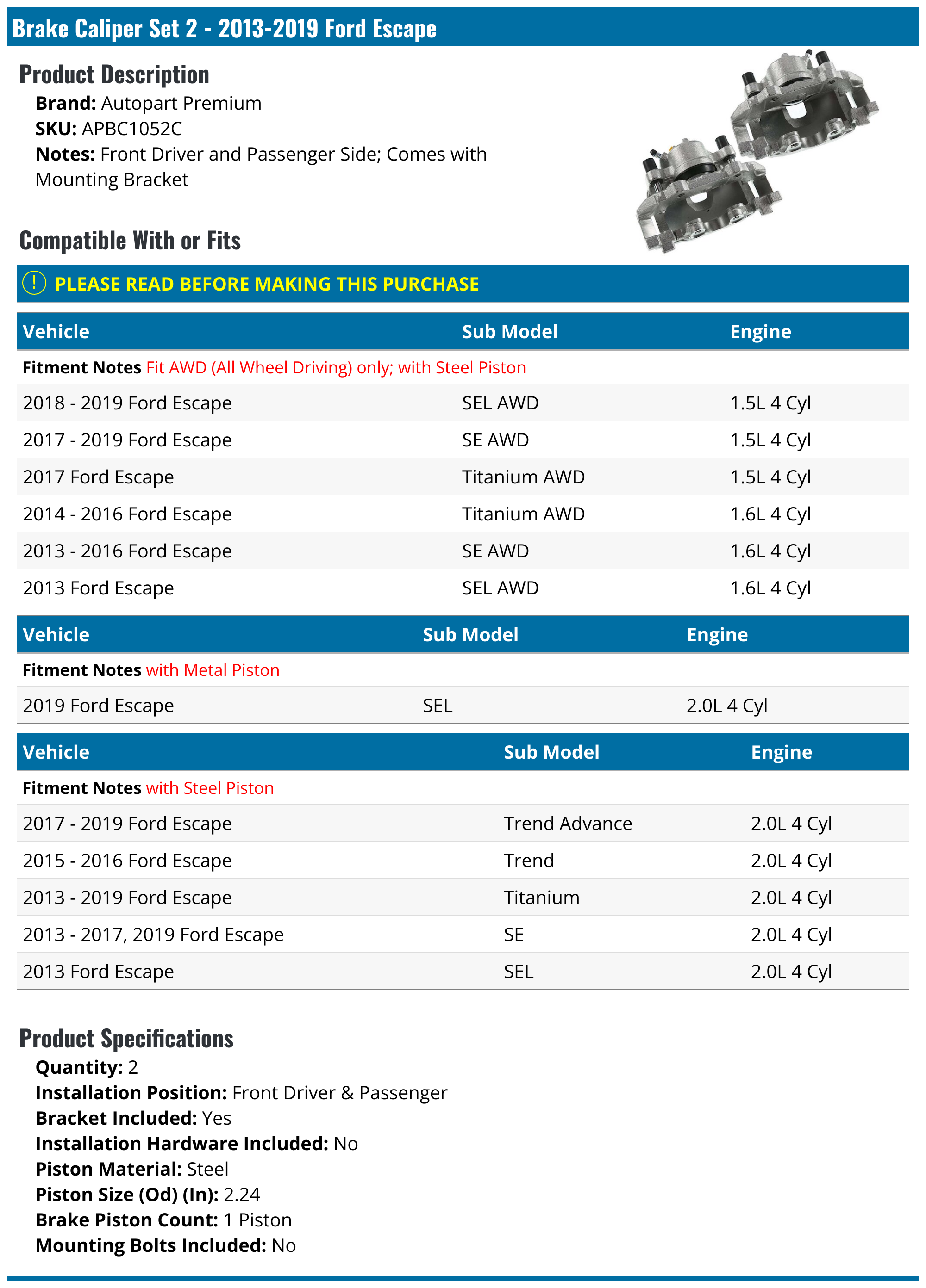 2013-2019 Ford Escape Brake Caliper - Autopart Premium APBC1052C ...