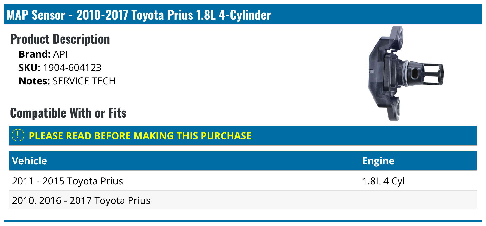2010-2017 Toyota Prius MAP Sensor - API 30440-07982186 - PartsGeek.com