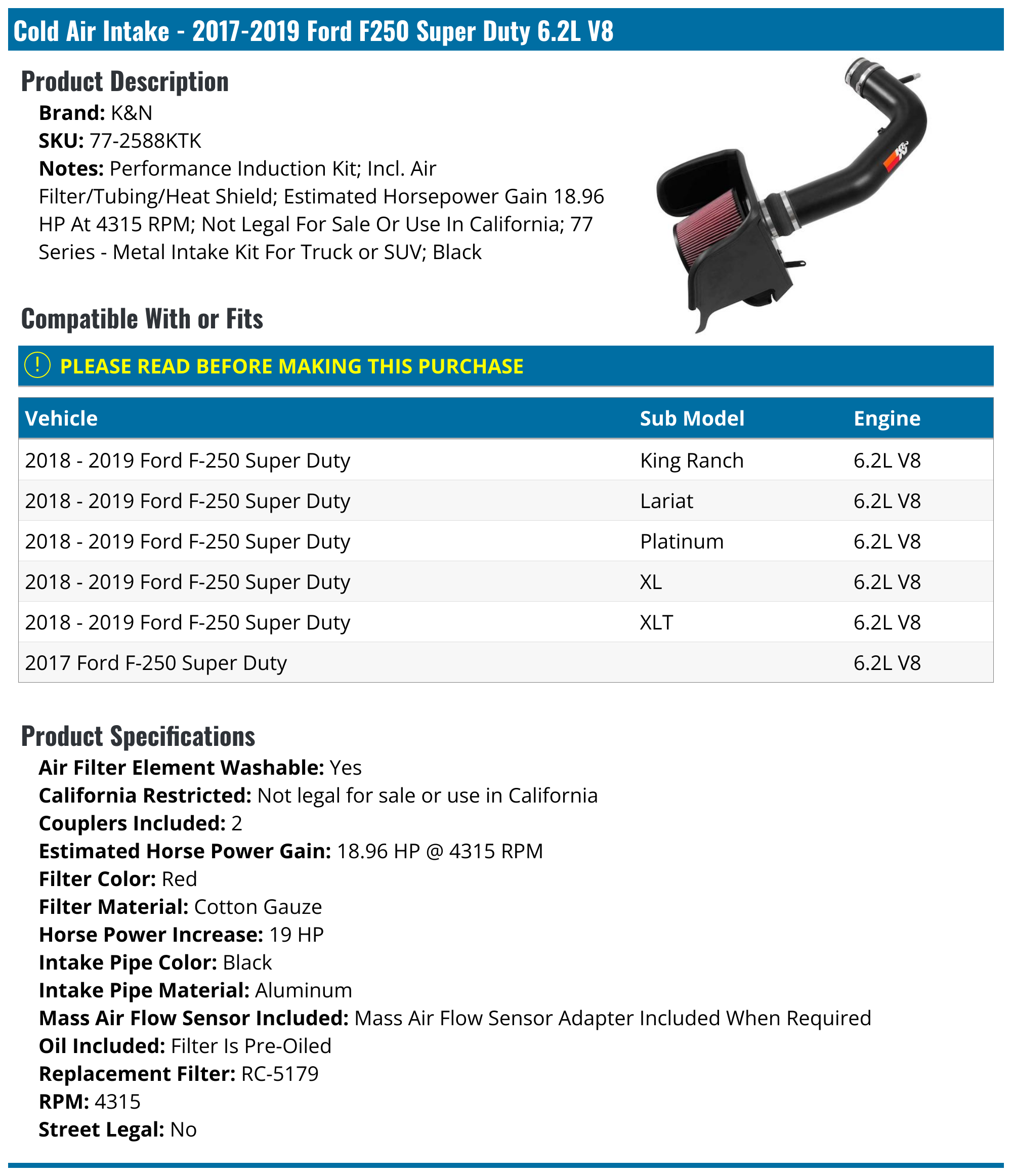 2017-2019 Ford F250 Super Duty Cold Air Intake - K&N 77-2588KTK ...