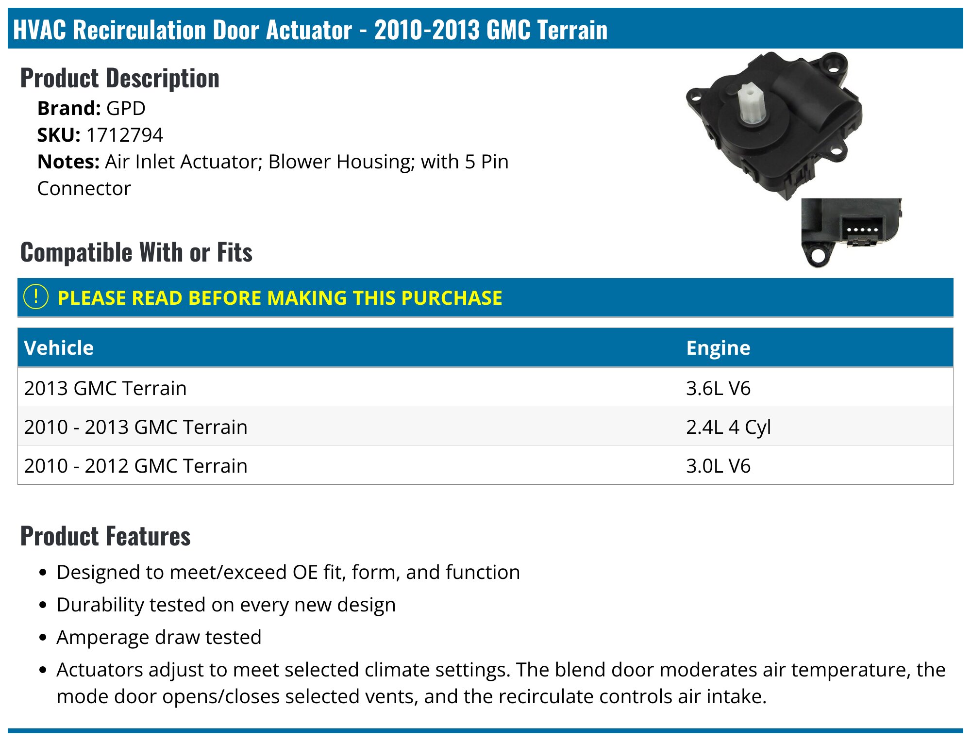2010-2013 GMC Terrain HVAC Recirculation Door Actuator - GPD 1712794 ...