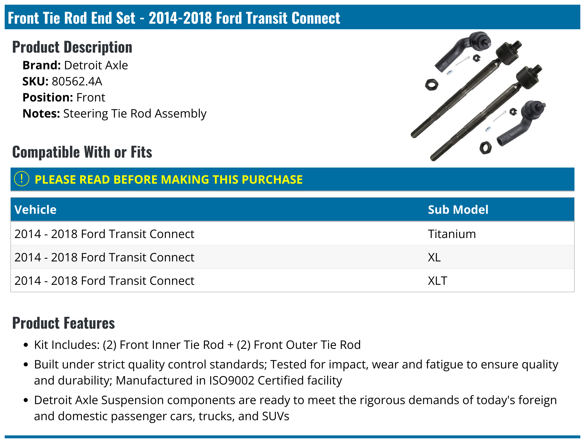 2014-2018 Ford Transit Connect Tie Rod End - Detroit Axle 80562.4A ...