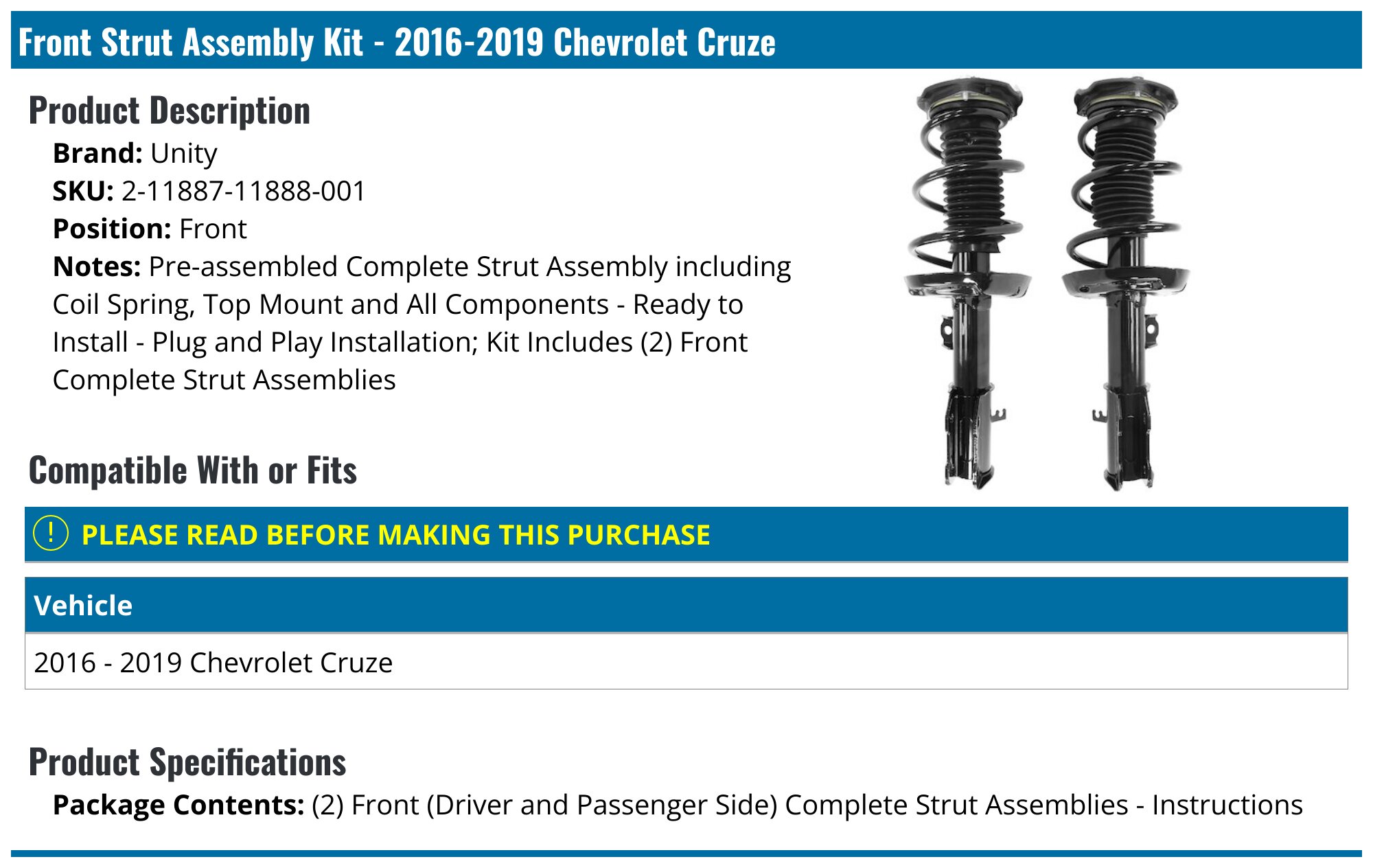 2016-2019 Chevrolet Cruze Strut Assembly - Unity 2-11887-11888-001 ...