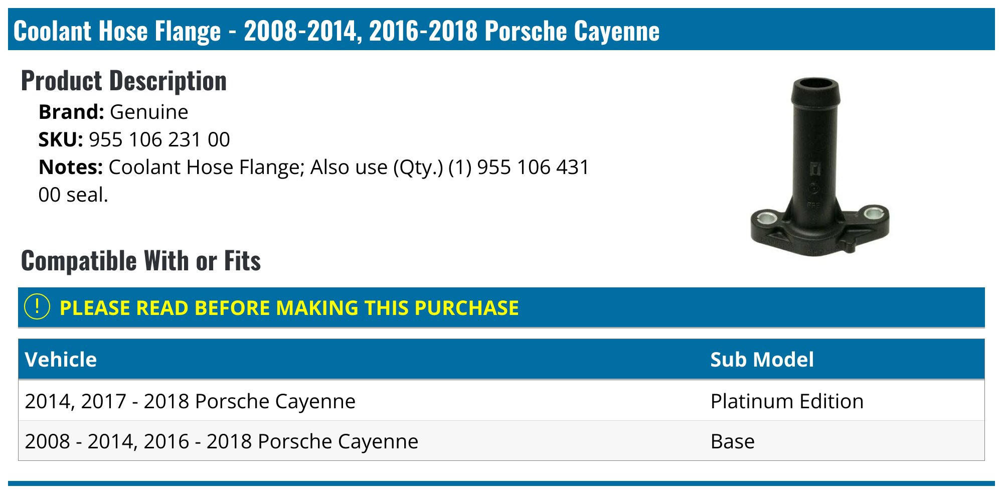 2008-2014, 2016-2018 Porsche Cayenne Coolant Hose Flange - Genuine 955 ...