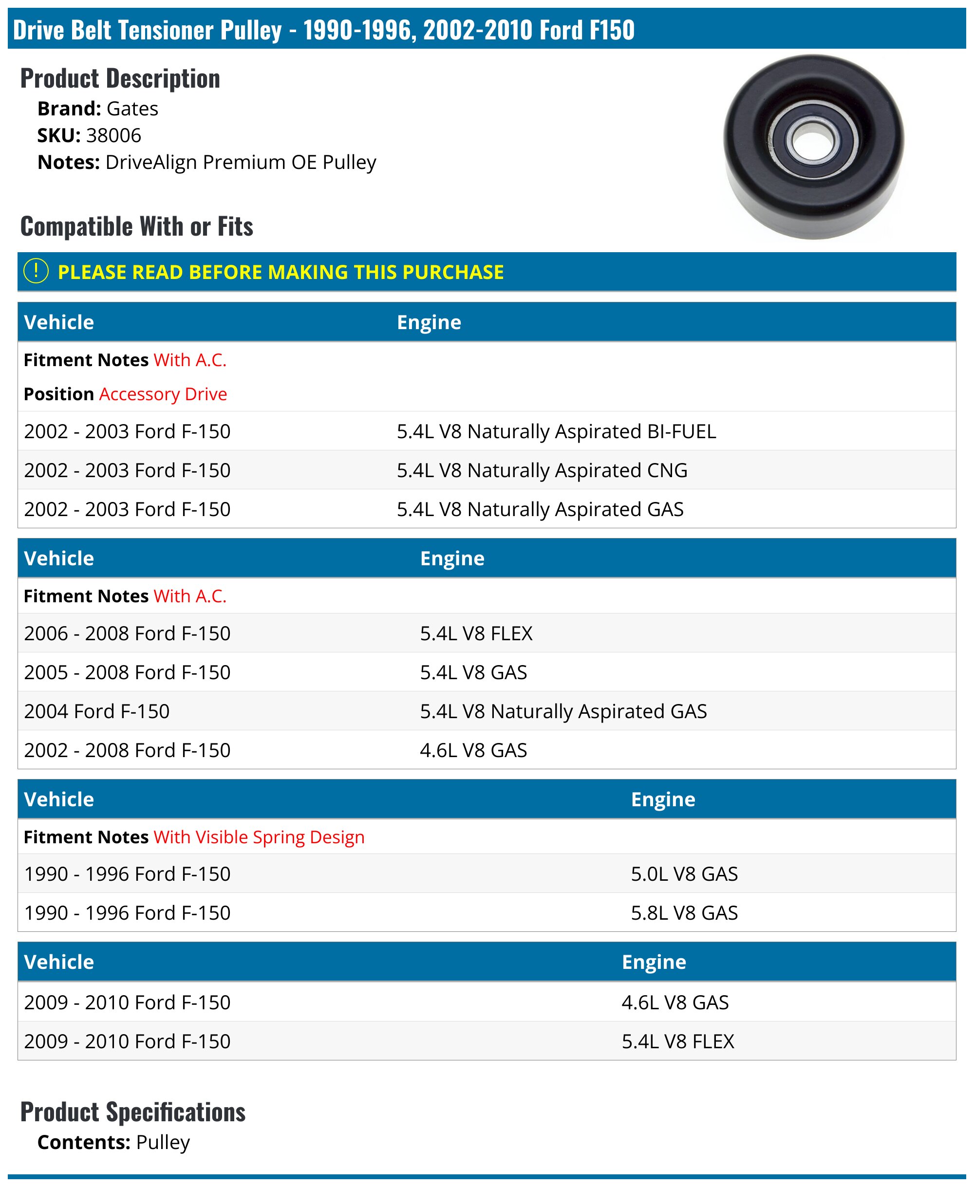 1990-1996, 2002-2010 Ford F150 Drive Belt Tensioner Pulley - Gates ...