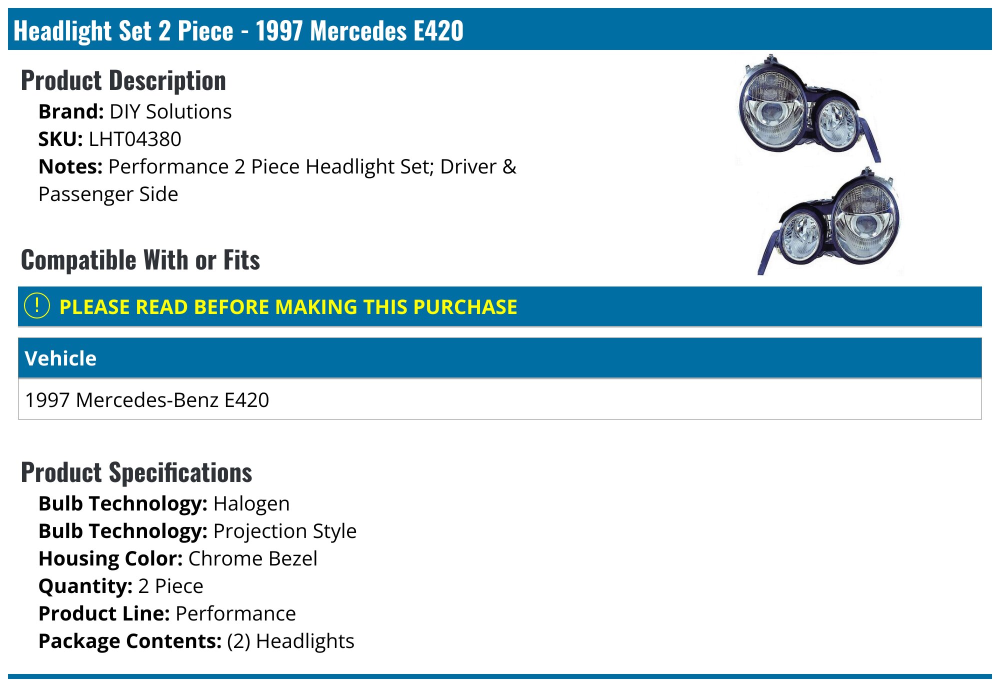 1997 Mercedes E420 Headlight Assembly - DIY Solutions LHT04380 ...