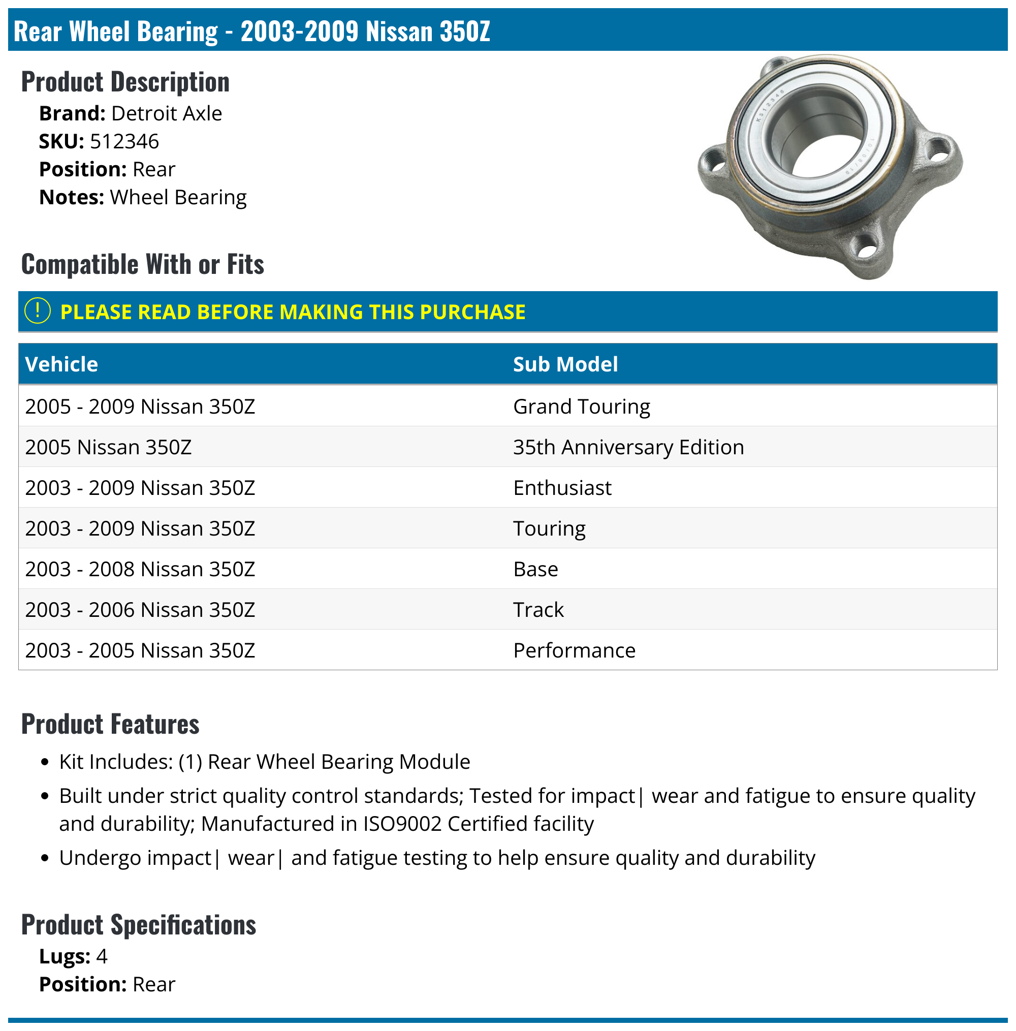 2003-2009 Nissan 350Z Wheel Hub Assembly - Detroit Axle 512346 - Rear ...