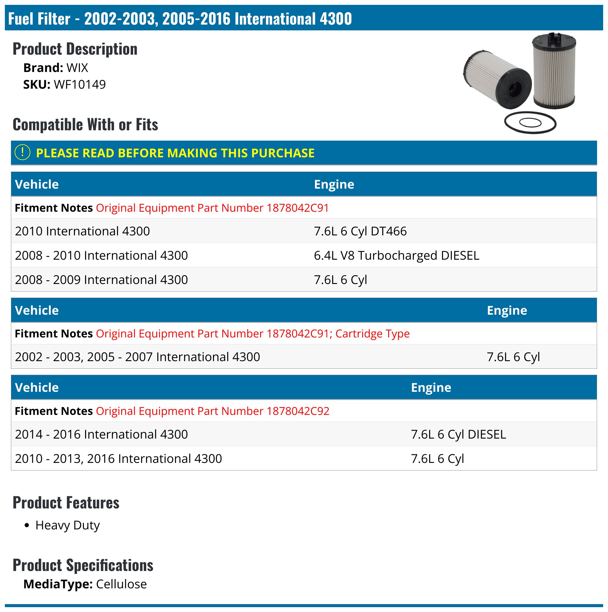 2002-2003, 2005-2018 International 4300 Fuel Filter - WIX WF10149 ...