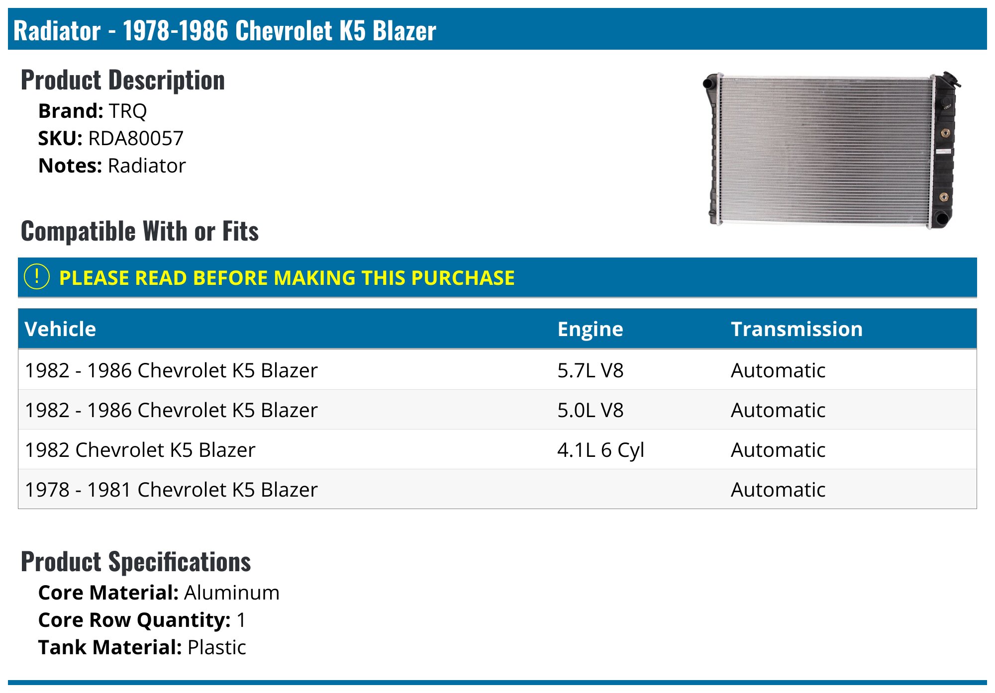 1978-1986 Chevrolet K5 Blazer Radiator - TRQ RDA80057 - PartsGeek.com