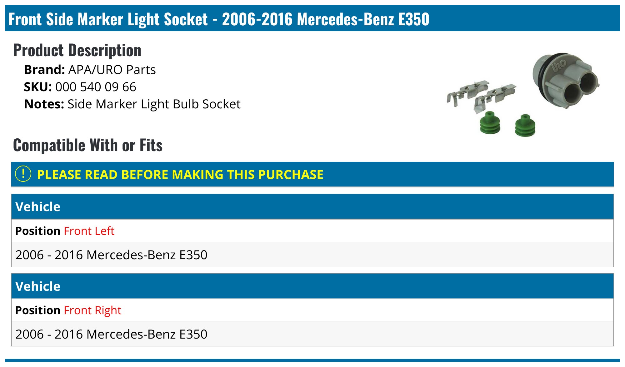 2006-2016 Mercedes E350 Side Marker Light Socket - APA/URO Parts 000 ...