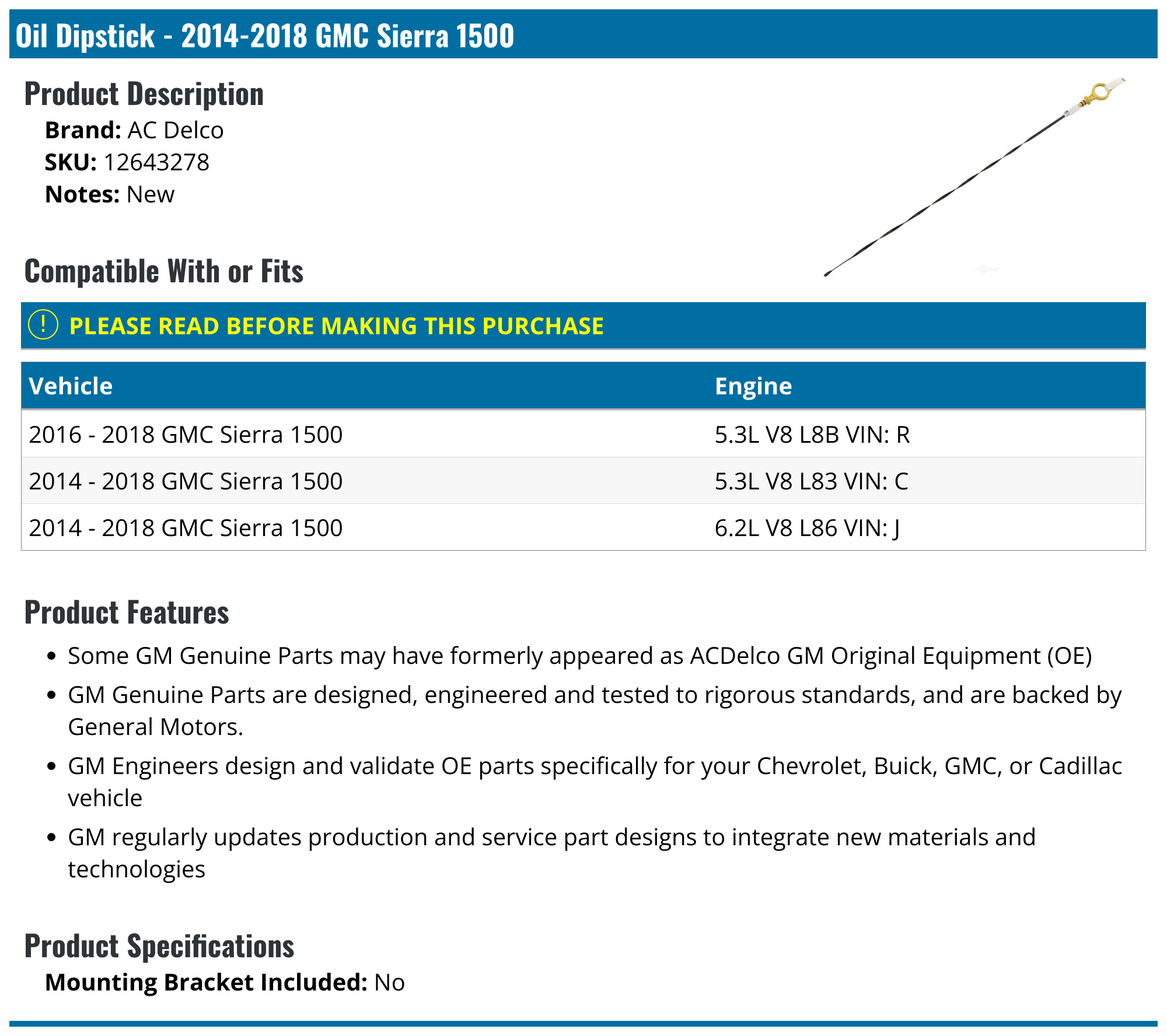 2014-2018 GMC Sierra 1500 Oil Dipstick - AC Delco 12643278 - PartsGeek.com