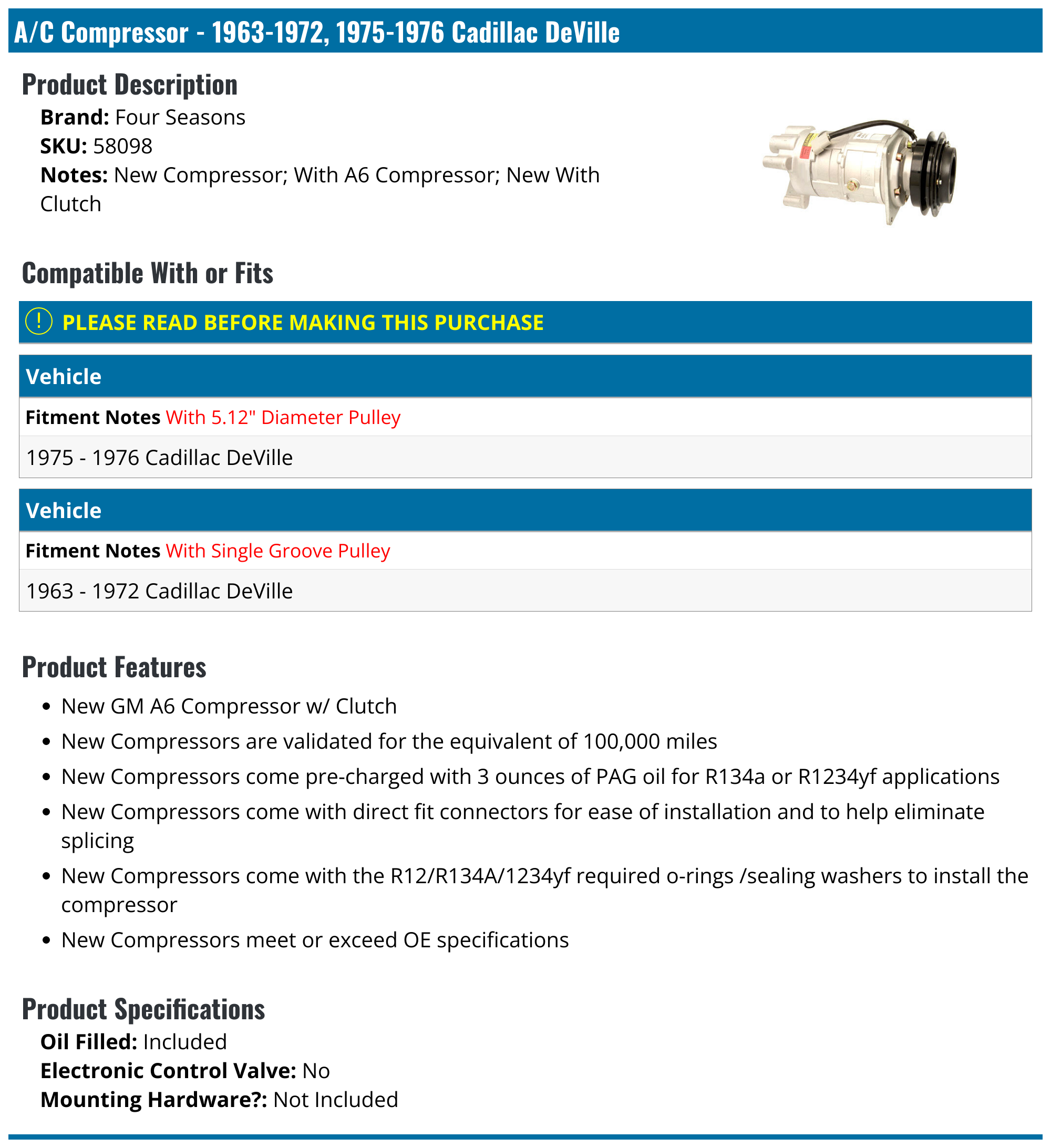 1963-1972, 1975-1976 Cadillac DeVille A/C Compressor - Four Seasons ...