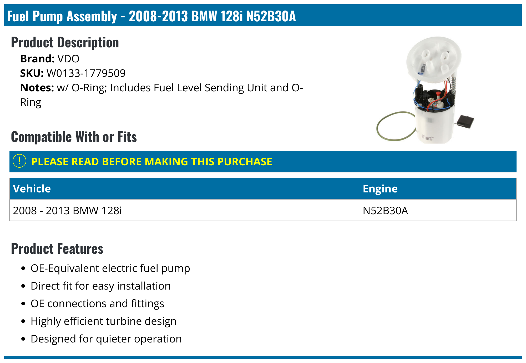 2008-2013 BMW 128i Fuel Pump - VDO W0133-1779509 - PartsGeek.com