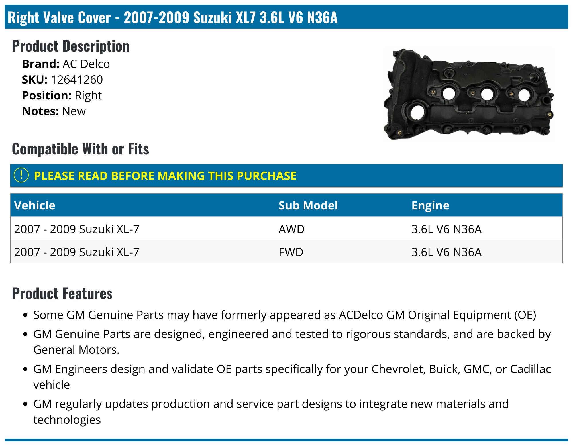 2007-2009 Suzuki XL7 Valve Cover - AC Delco 12641260 - Right ...