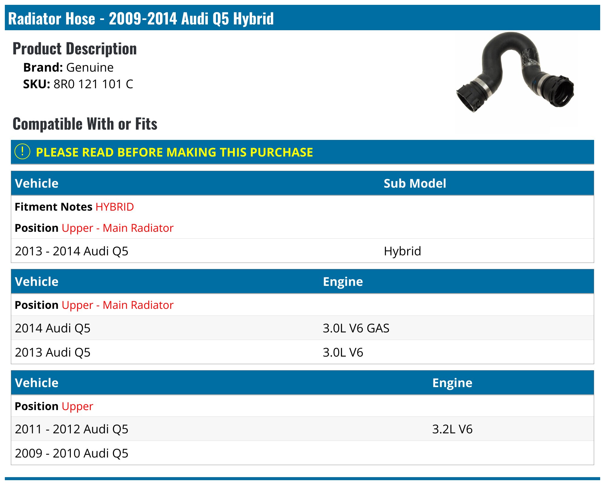 2009-2014 Audi Q5 Radiator Hose - Genuine 8R0 121 101 C - Upper ...