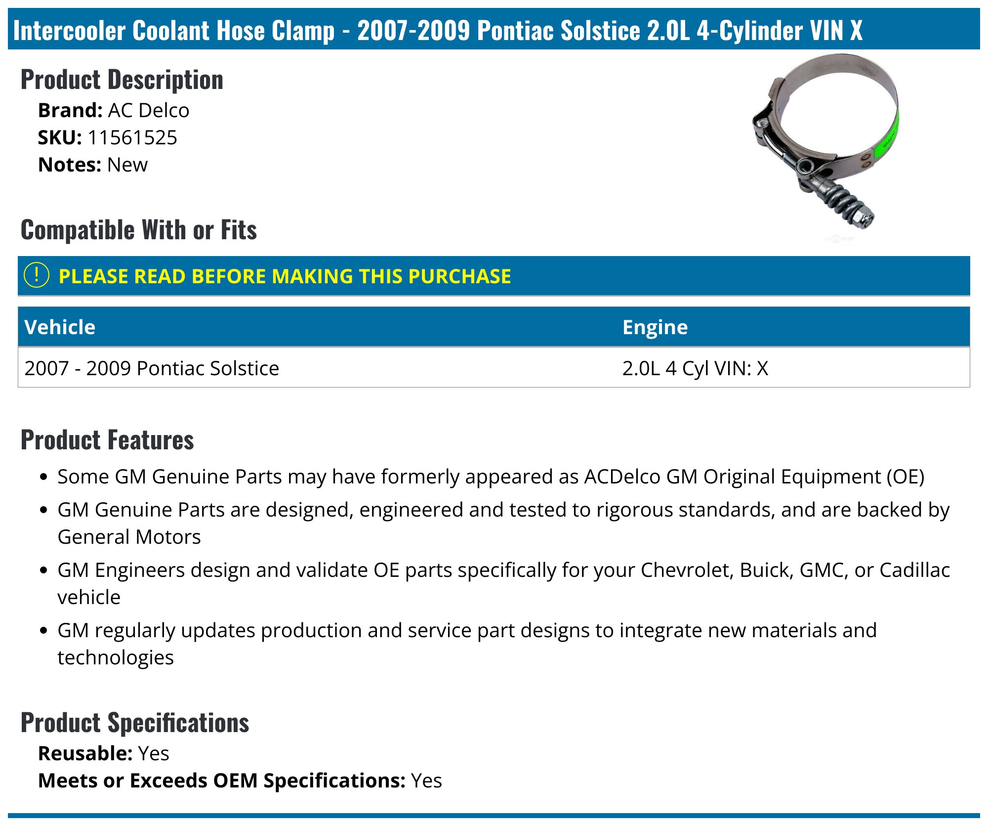 2007-2009 Pontiac Solstice Intercooler Coolant Hose Clamp - AC Delco ...