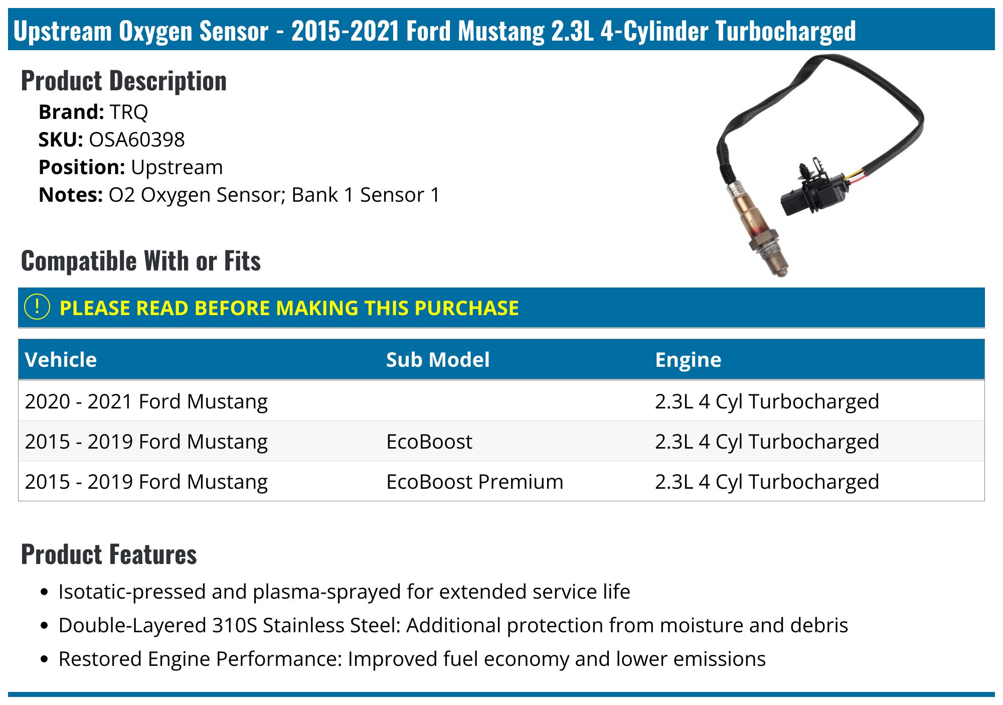 2015-2023 Ford Mustang Oxygen Sensor - TRQ OSA60398 - Upstream ...