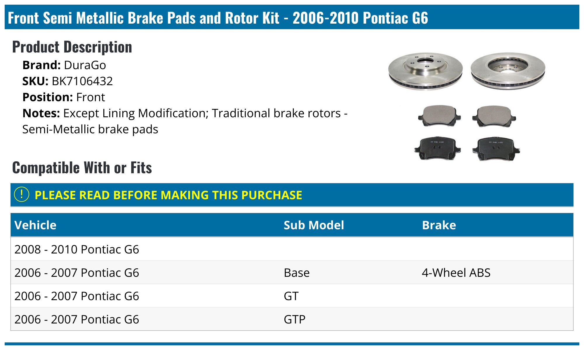 2006-2010 Pontiac G6 Brake Rotor - DuraGo BK7106432 - Front - PartsGeek.com
