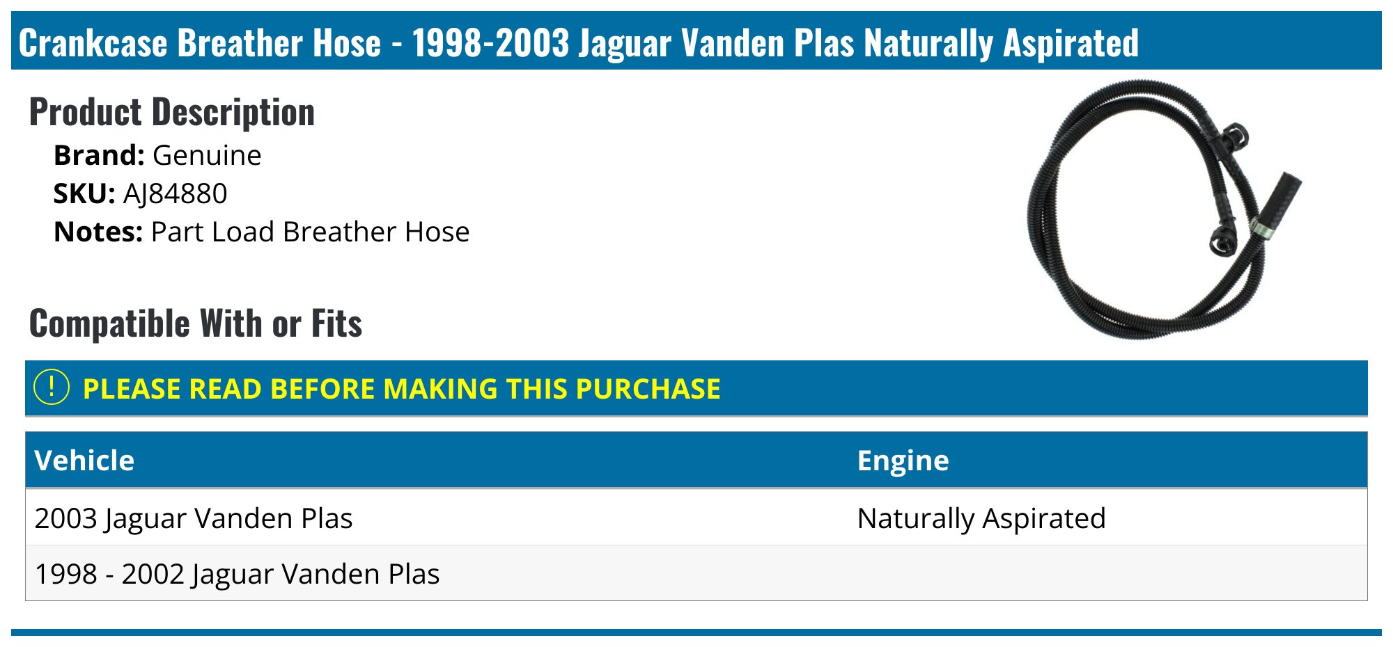 1998-2003 Jaguar Vanden Plas Breather Hose - Genuine AJ84880 ...