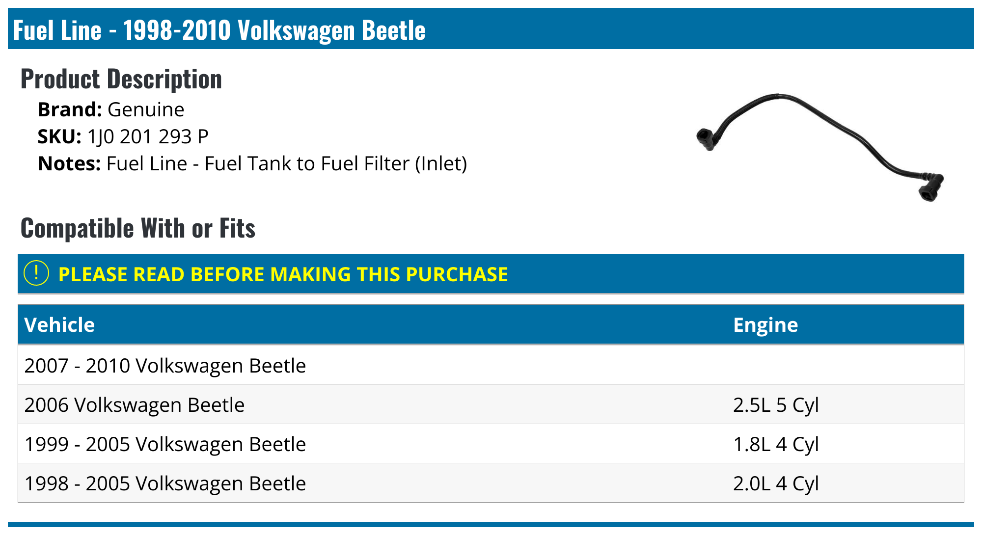 1998-2010 Volkswagen Beetle Fuel Line - Genuine 1J0 201 293 P ...