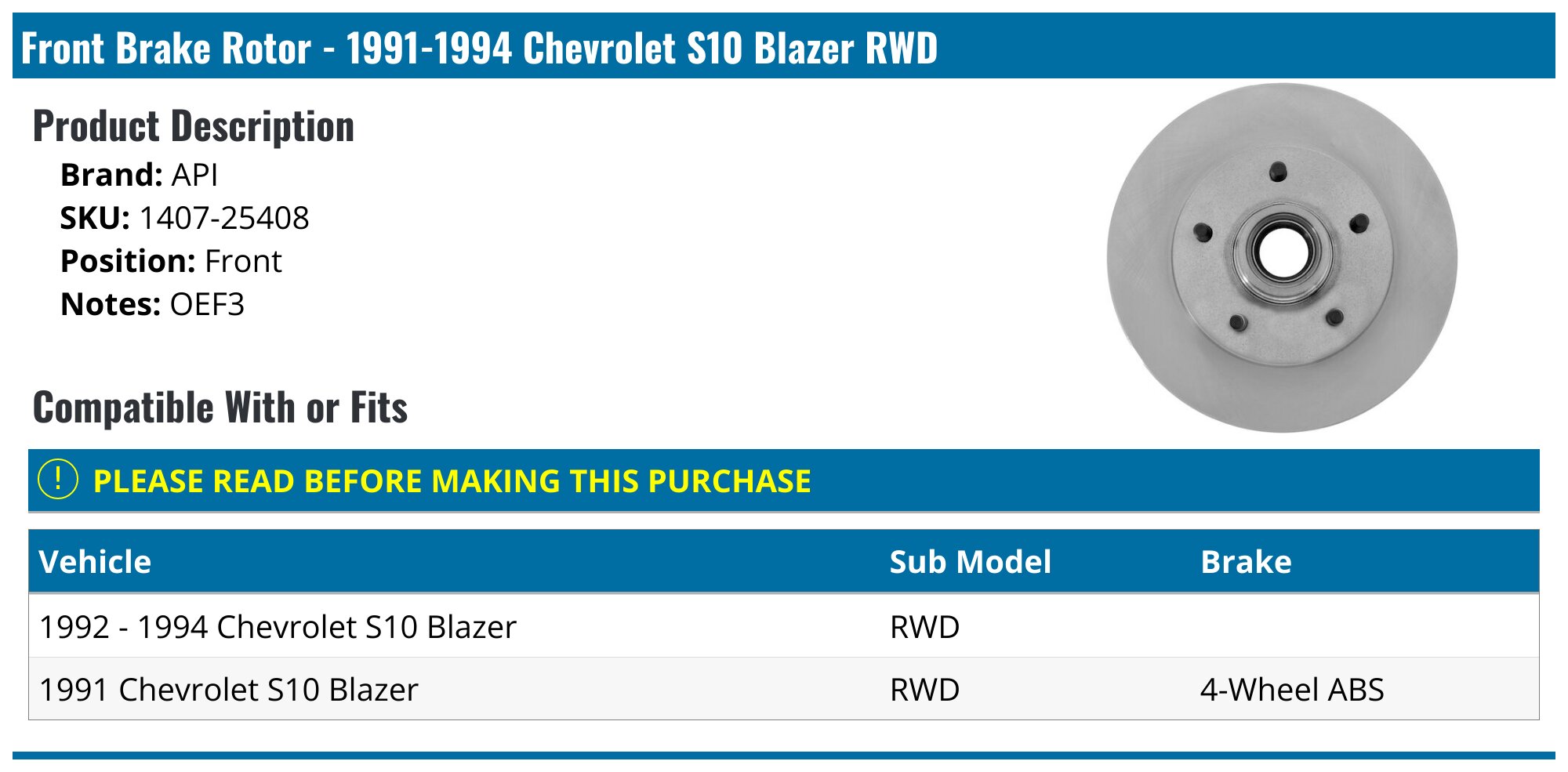 1991-1994 Chevrolet S10 Blazer Brake Rotor - API 3652-07414275 - Front ...