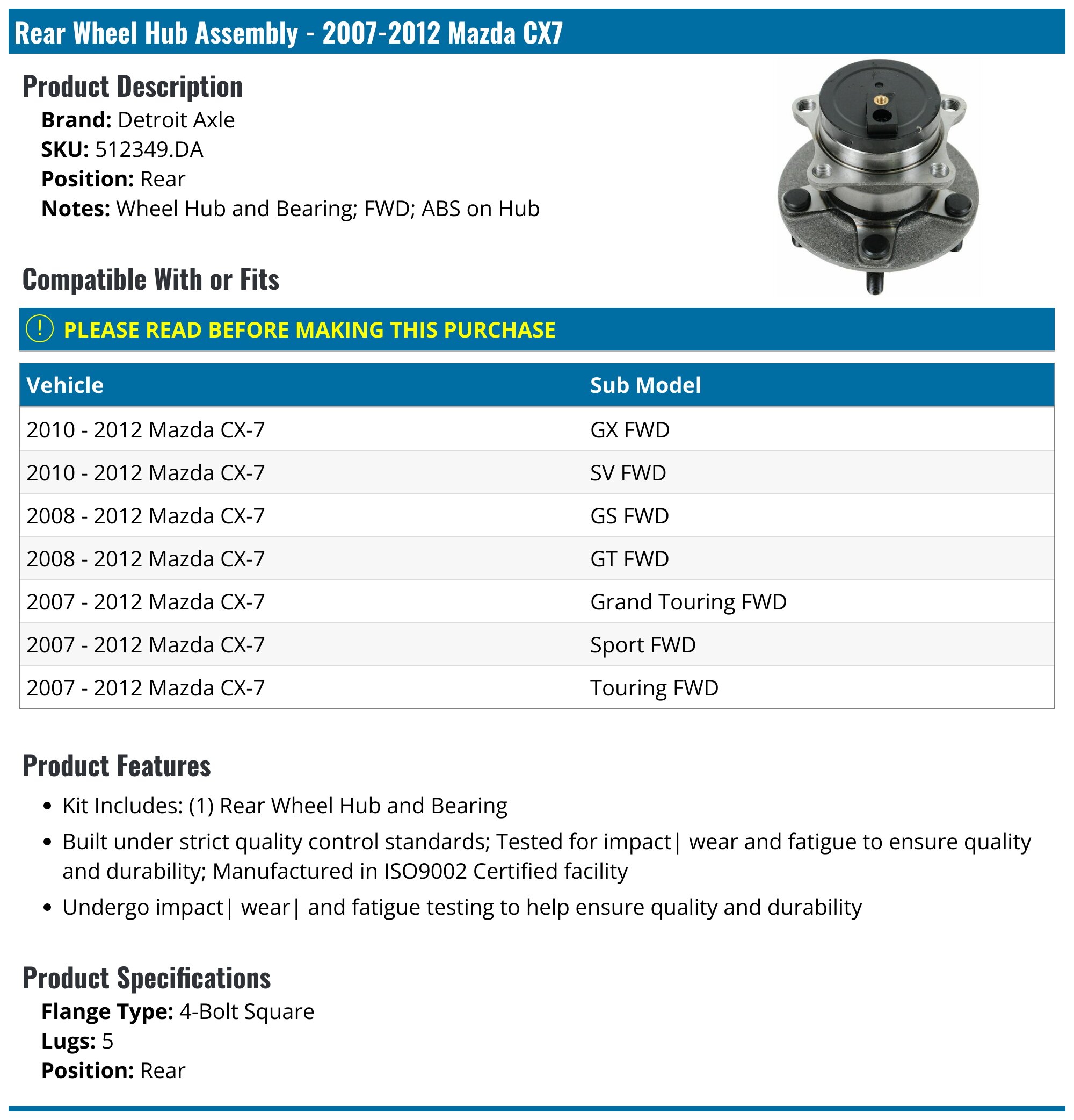 2007-2012 Mazda CX7 Wheel Hub Assembly - Detroit Axle 512349.DA - Rear ...