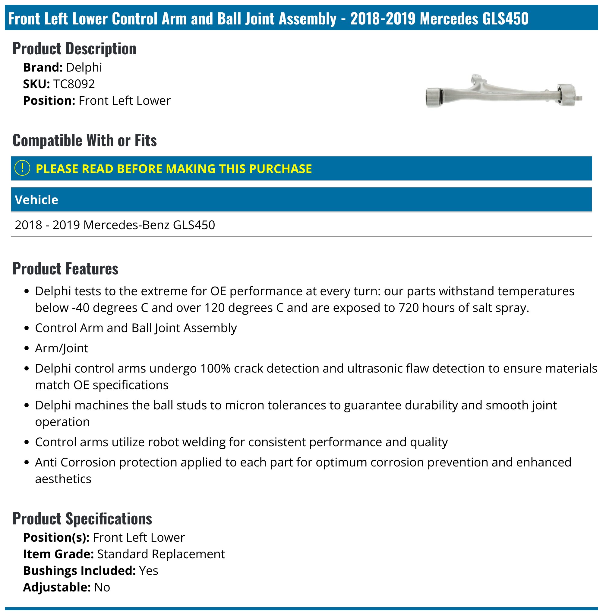 2018-2019 Mercedes GLS450 Control Arm - Delphi TC8092 - Front Left ...
