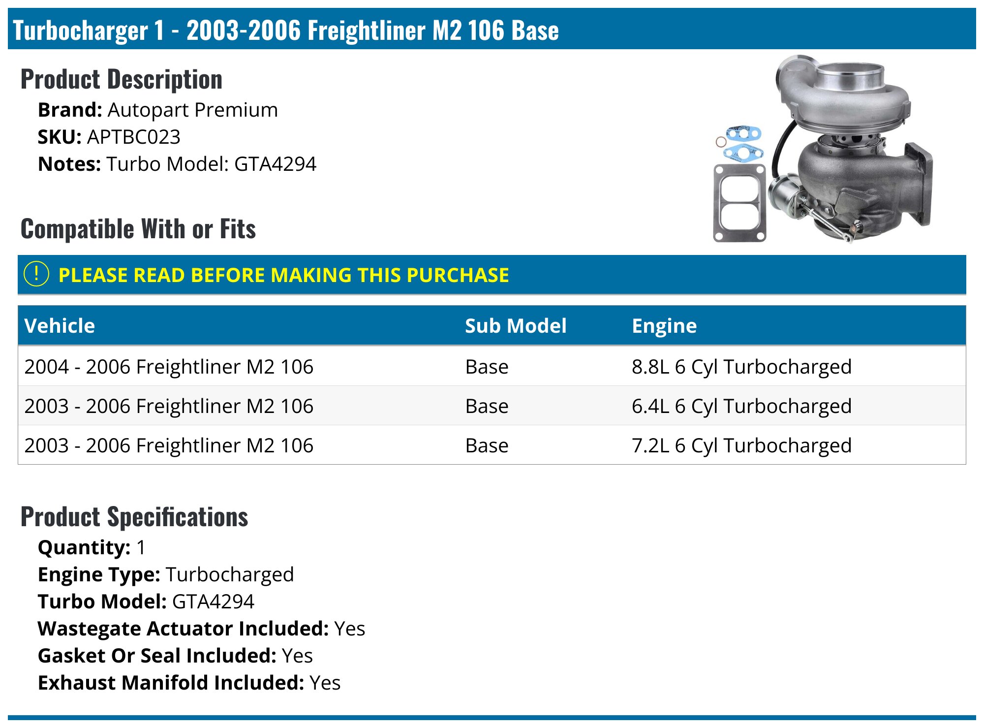 2003-2006 Freightliner M2 106 Turbocharger - Autopart Premium APTBC023 ...