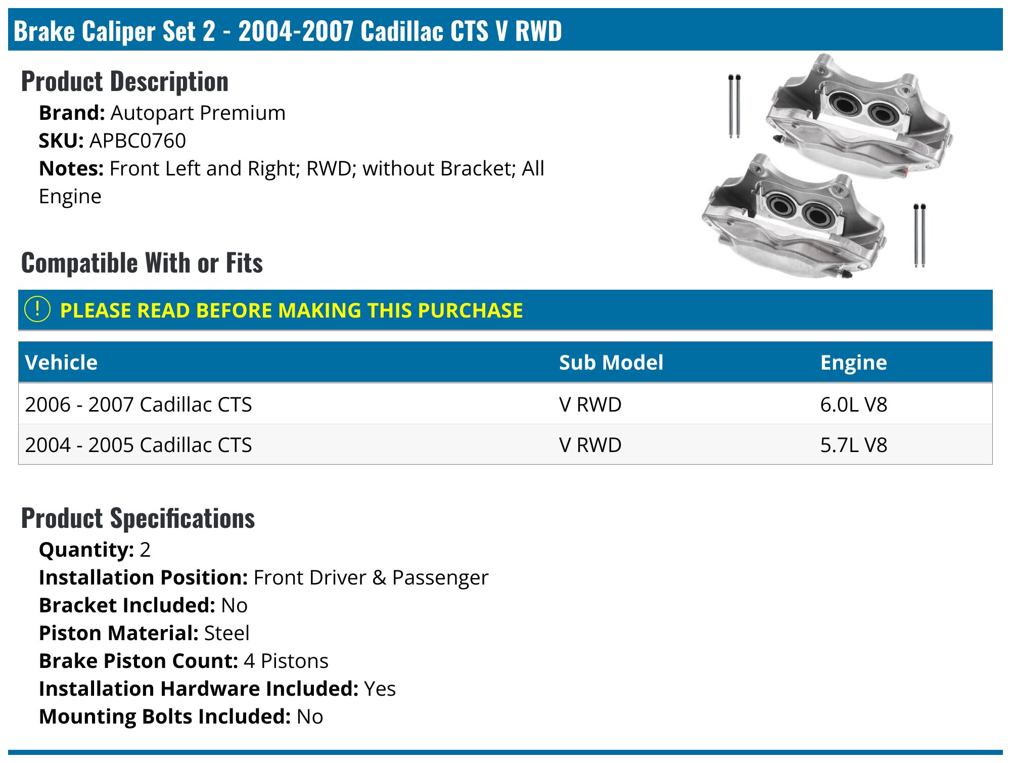 2004-2007 Cadillac CTS Brake Caliper - Autopart Premium APBC0760 ...