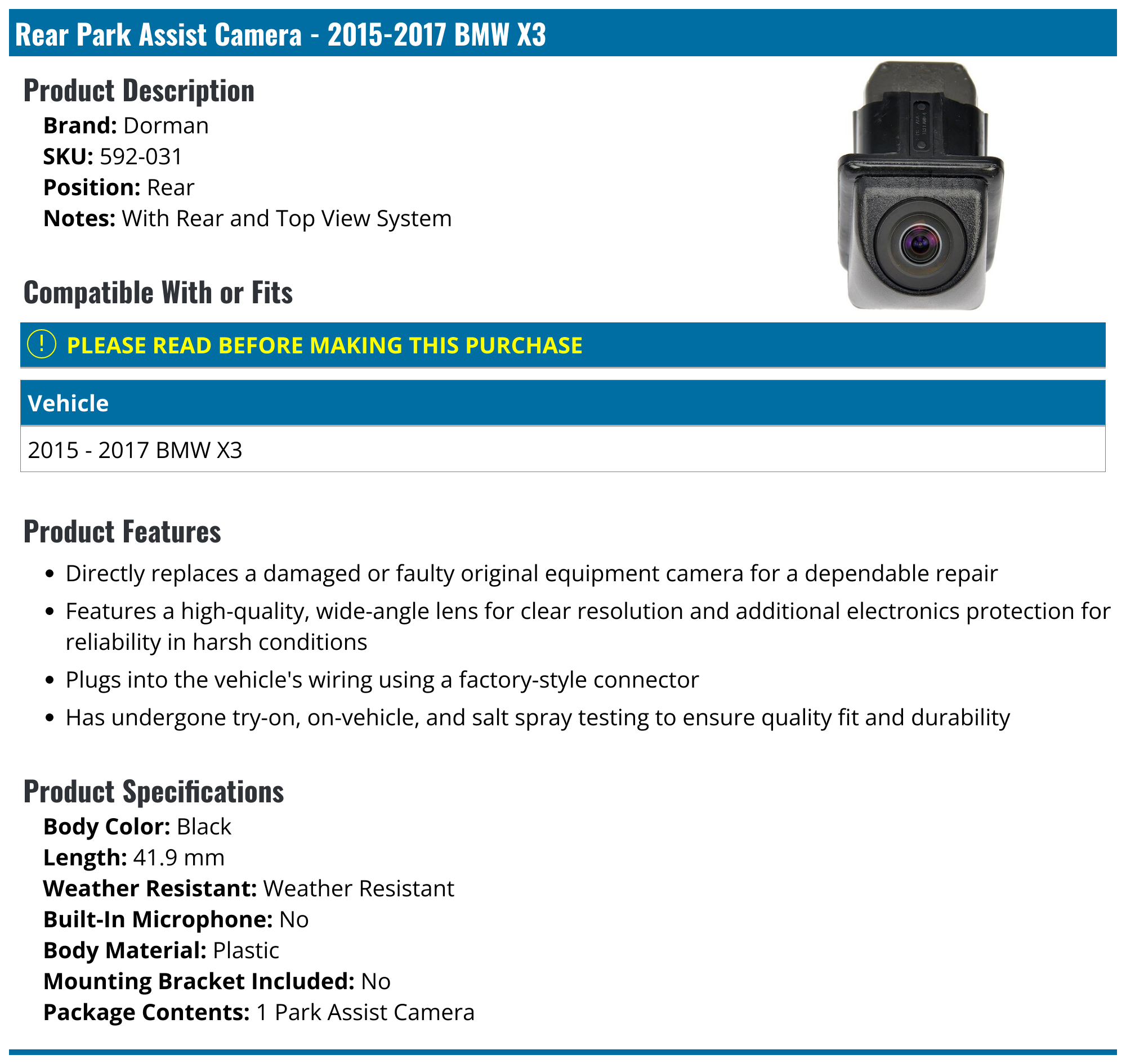 2015-2017 BMW X3 Backup Camera - Dorman 592-031 - Rear - PartsGeek.com