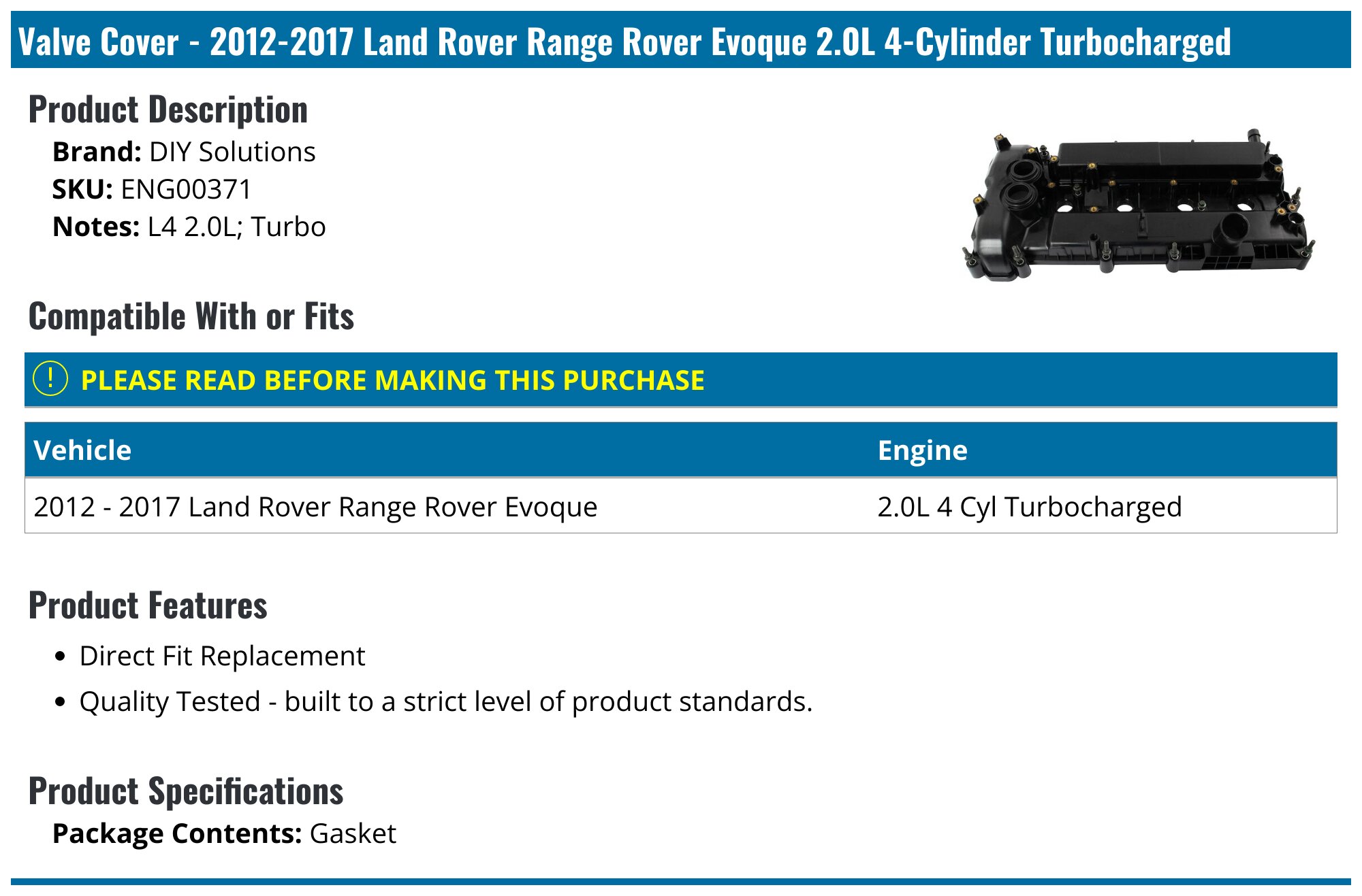 2012-2017 Land Rover Range Rover Evoque Valve Cover - DIY Solutions ...